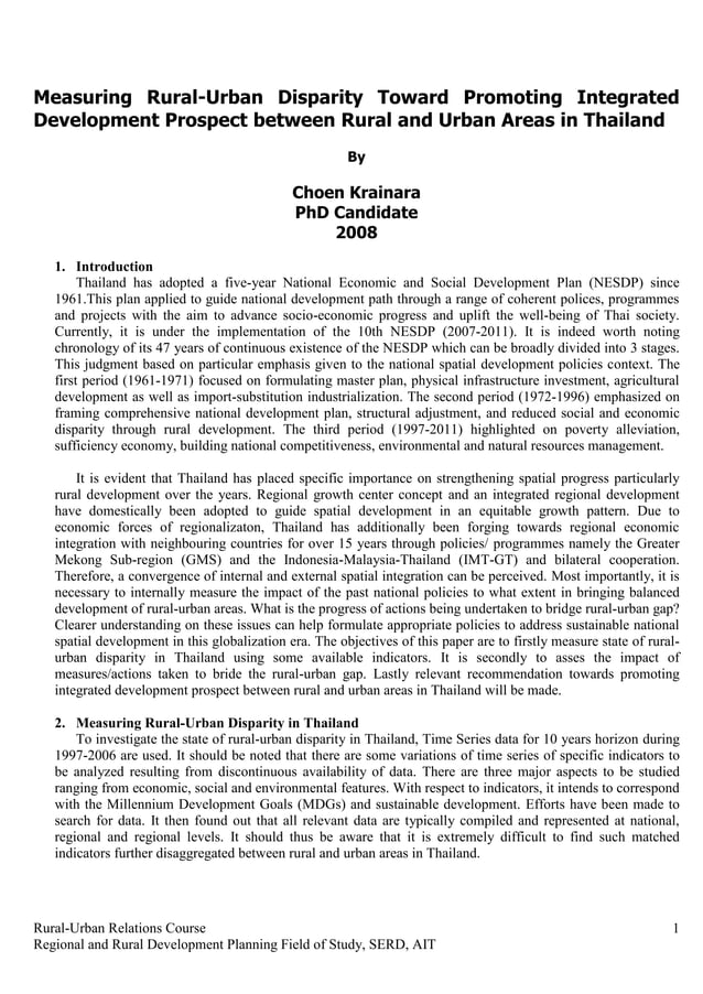Measuring Rural-Urban Disparity Toward Promoting Integrated Development ...