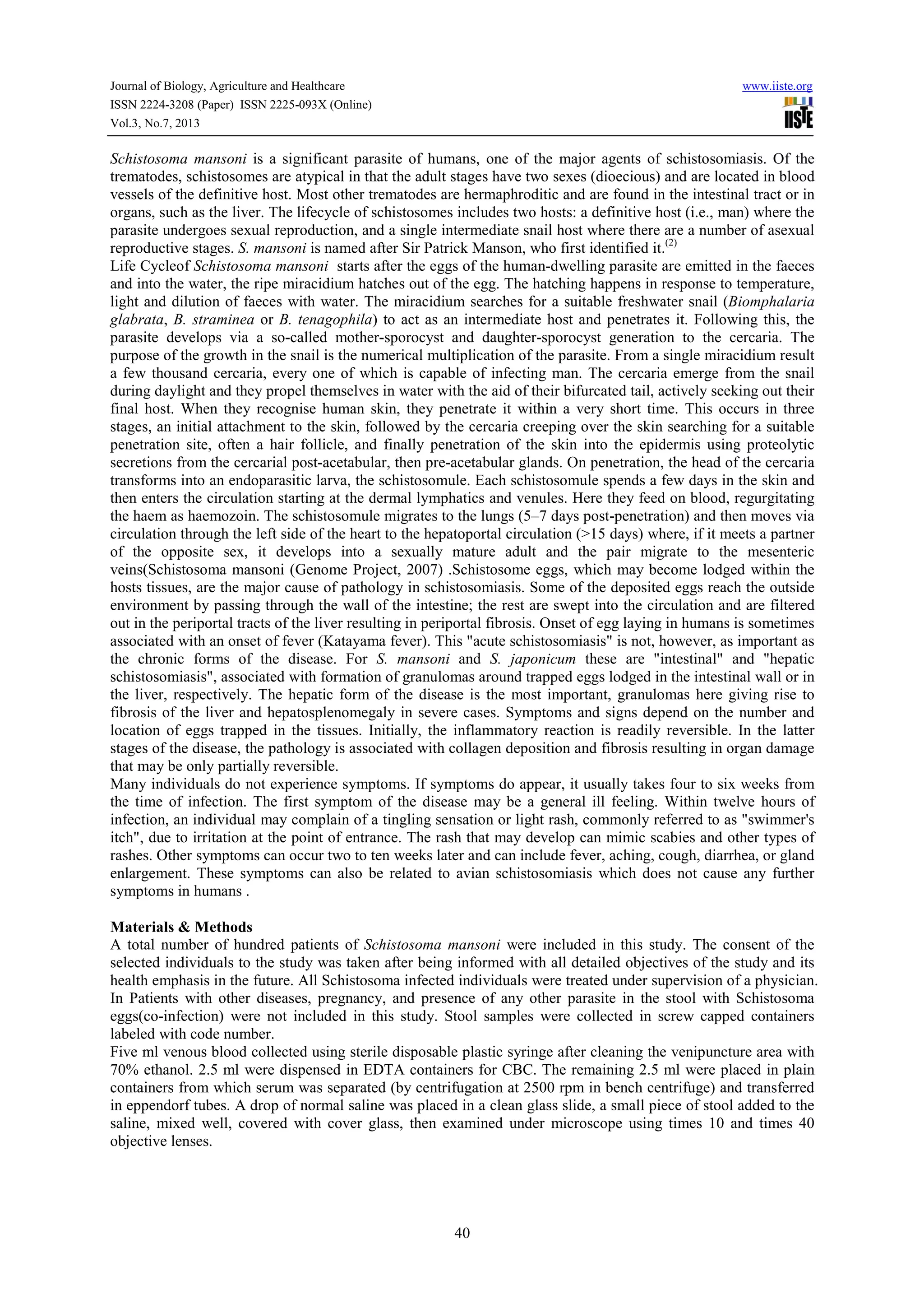 Measuring the impact of schistosomiasis infection on different blood ...
