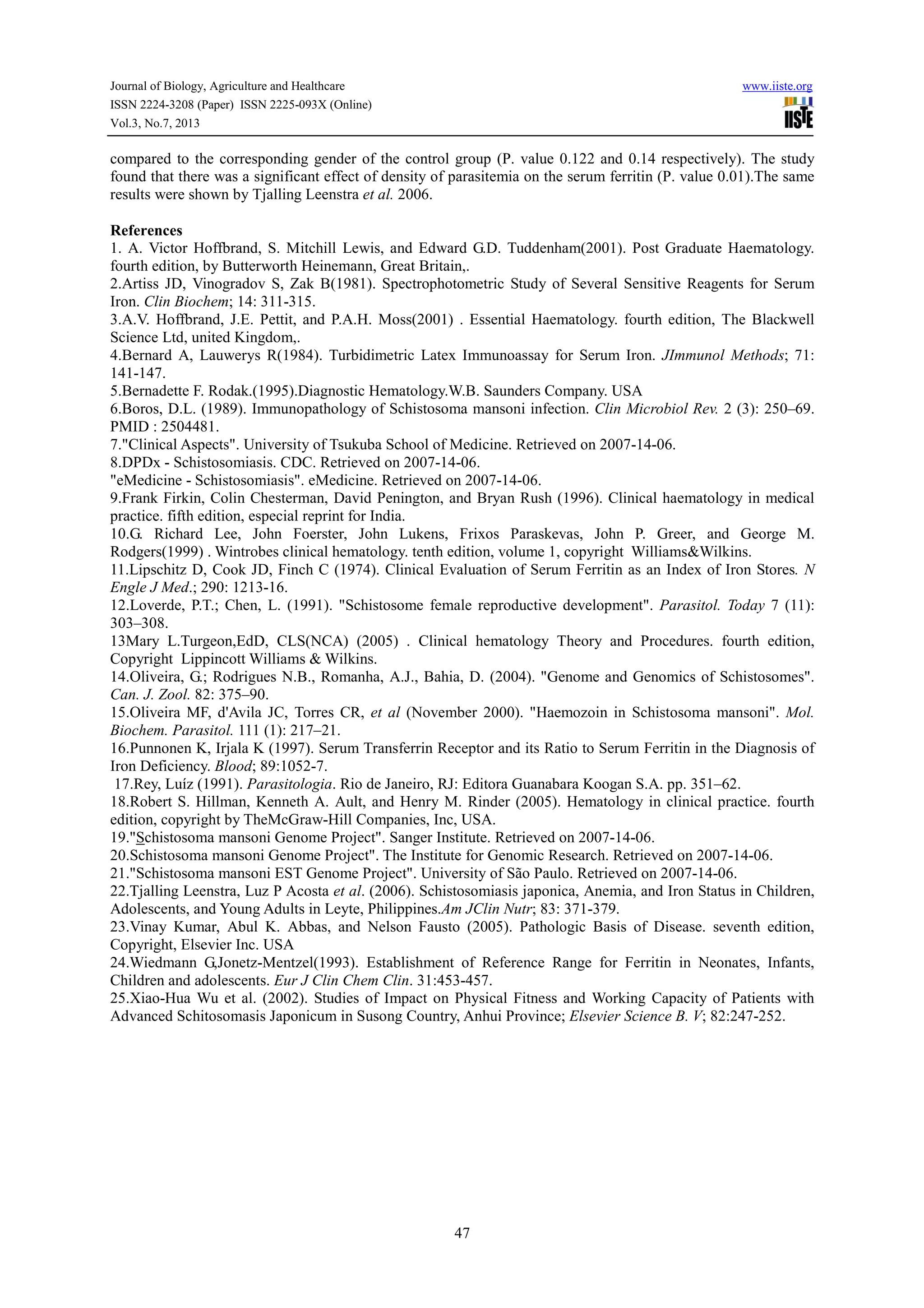 Measuring the impact of schistosomiasis infection on different blood ...