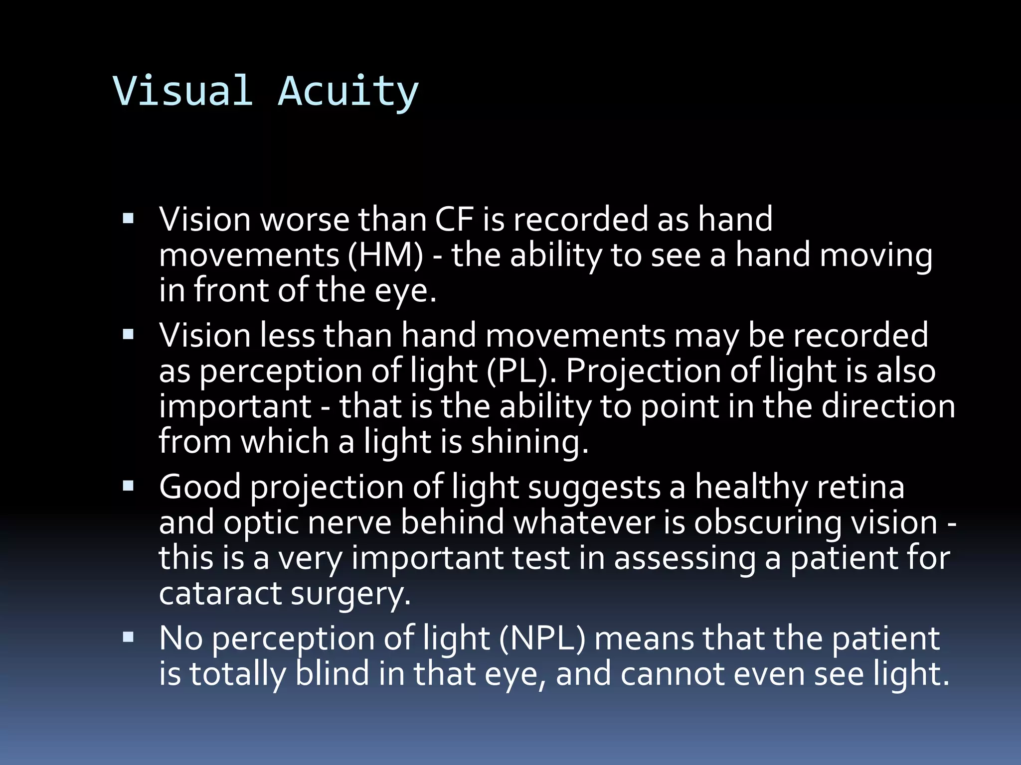 Measuring visual acuity (va) and performing pharmacological dilatation ...