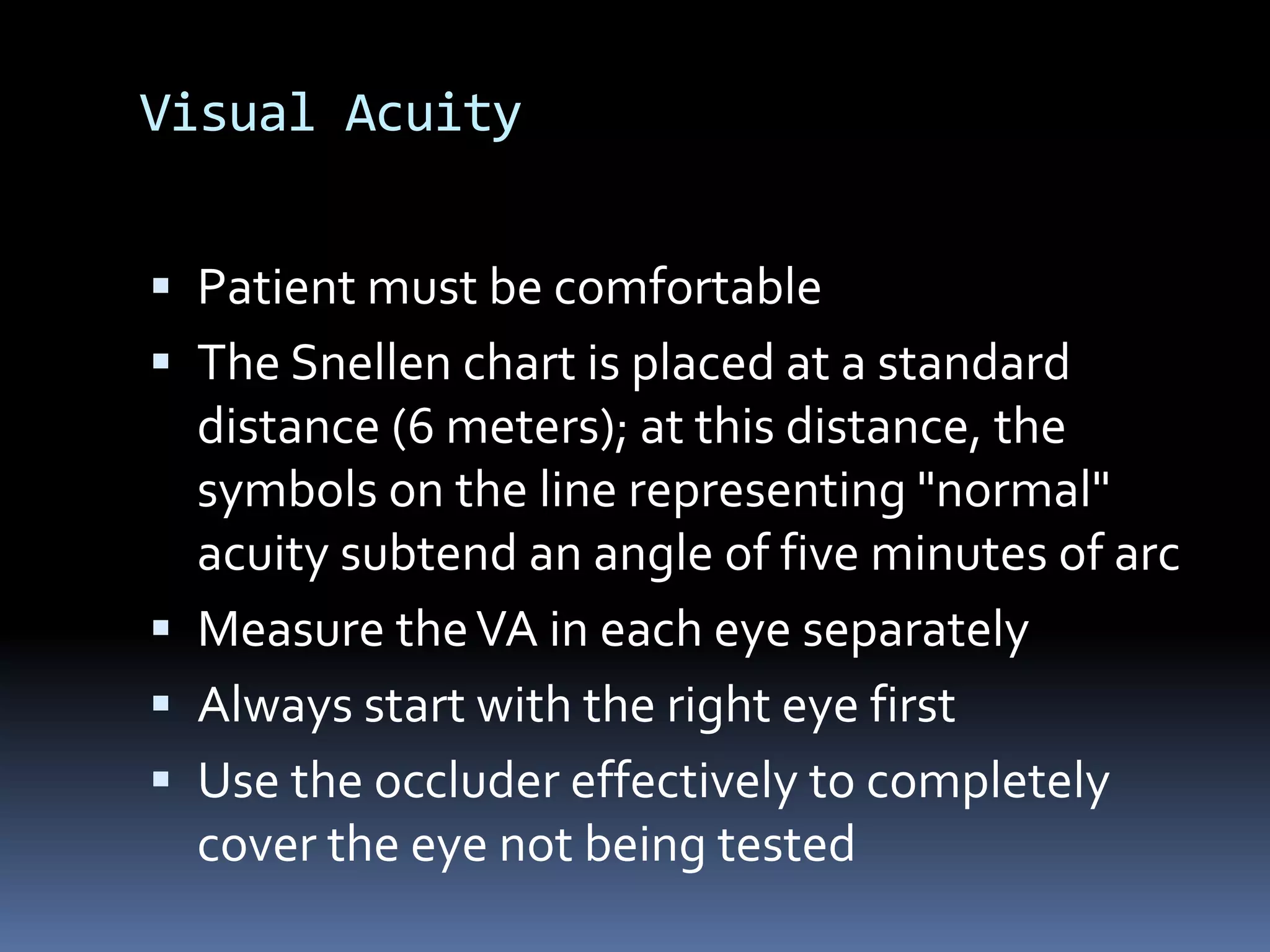 Measuring visual acuity (va) and performing pharmacological dilatation ...