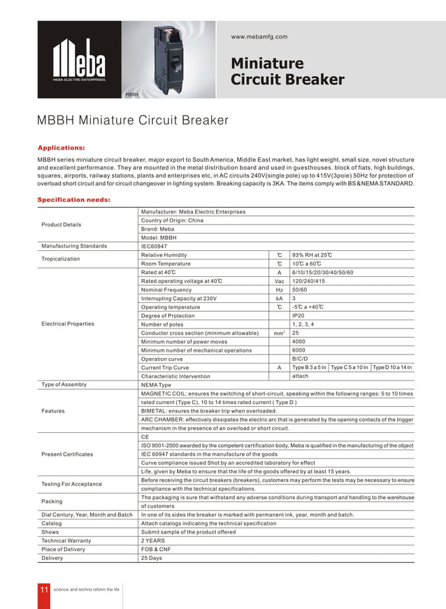 Meba Miniature Circuit Breaker for low voltage distribution switchboard ...