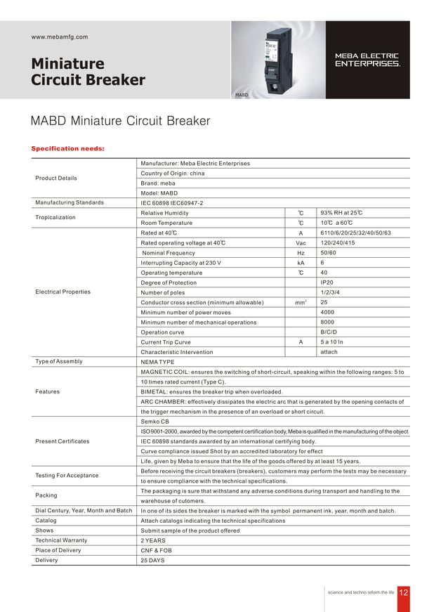Meba Miniature Circuit Breaker for low voltage distribution switchboard ...