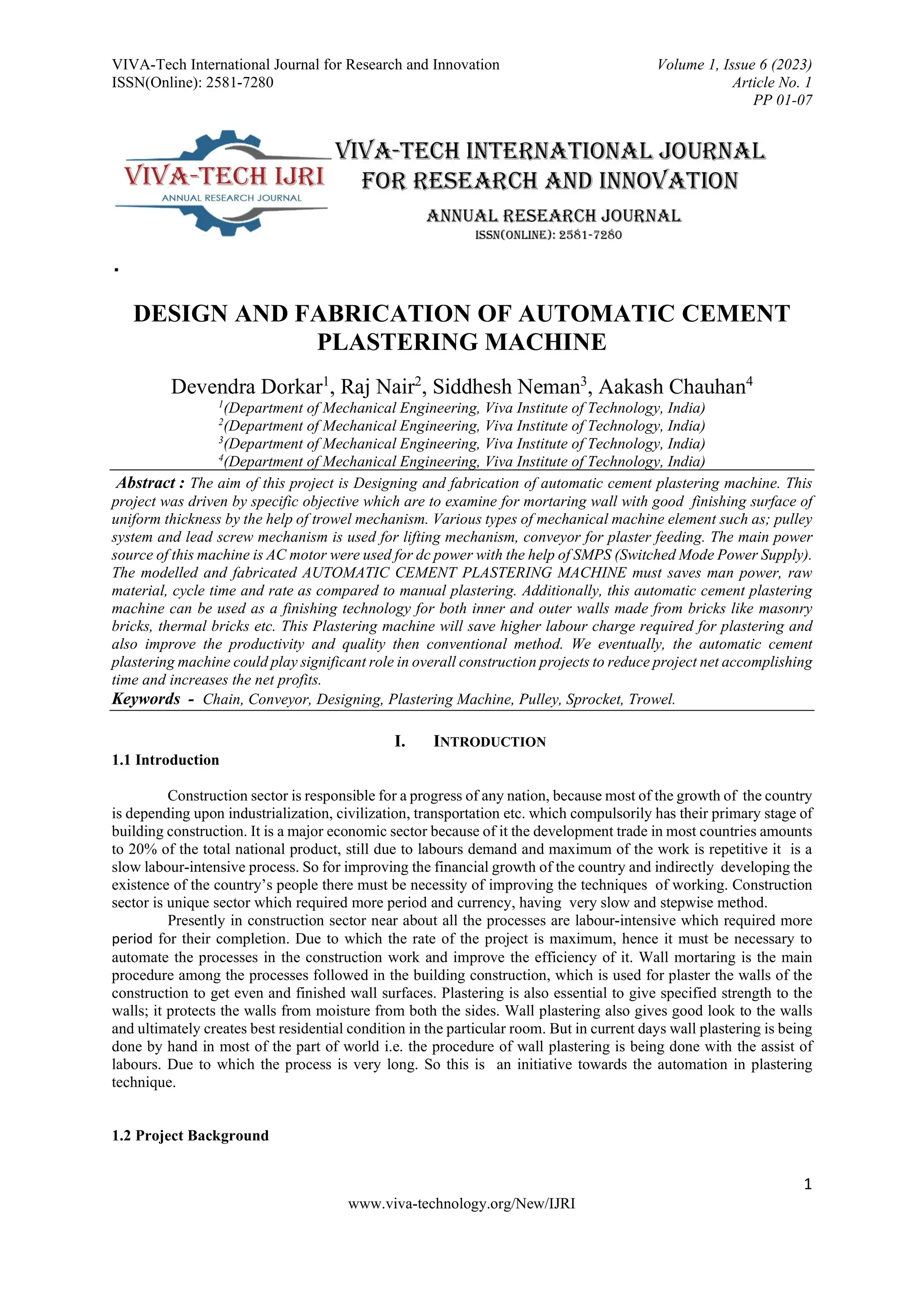 DESIGN AND FABRICATION OF AUTOMATIC CEMENT PLASTERING MACHINE | PDF