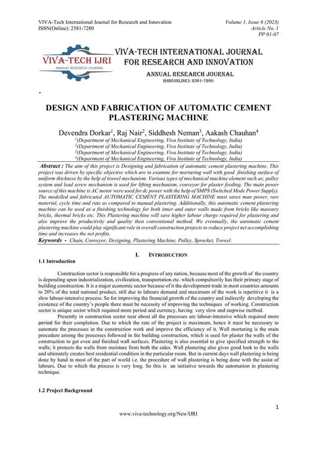 DESIGN AND FABRICATION OF AUTOMATIC CEMENT PLASTERING MACHINE | PDF ...