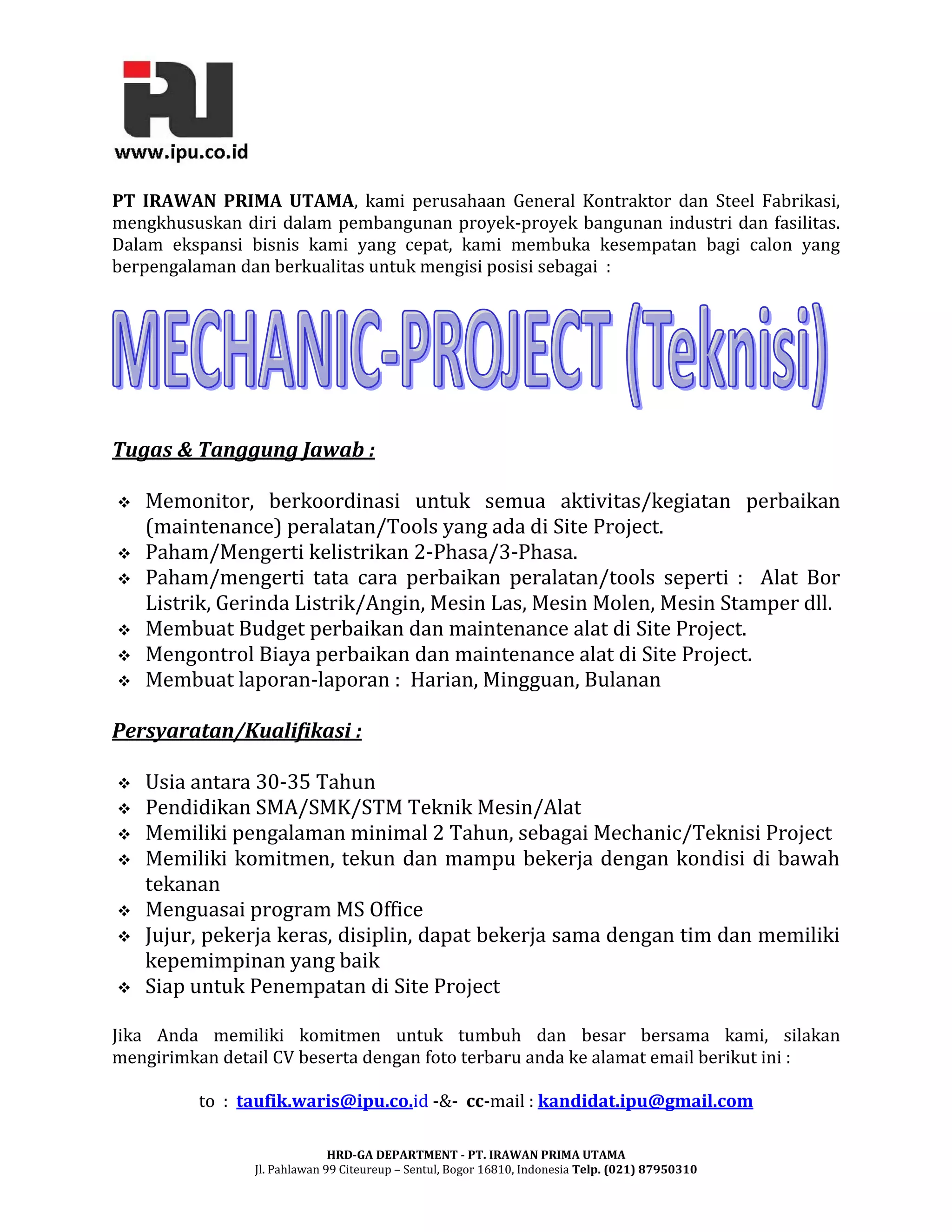 Mechanic Project (Teknisi) | PDF