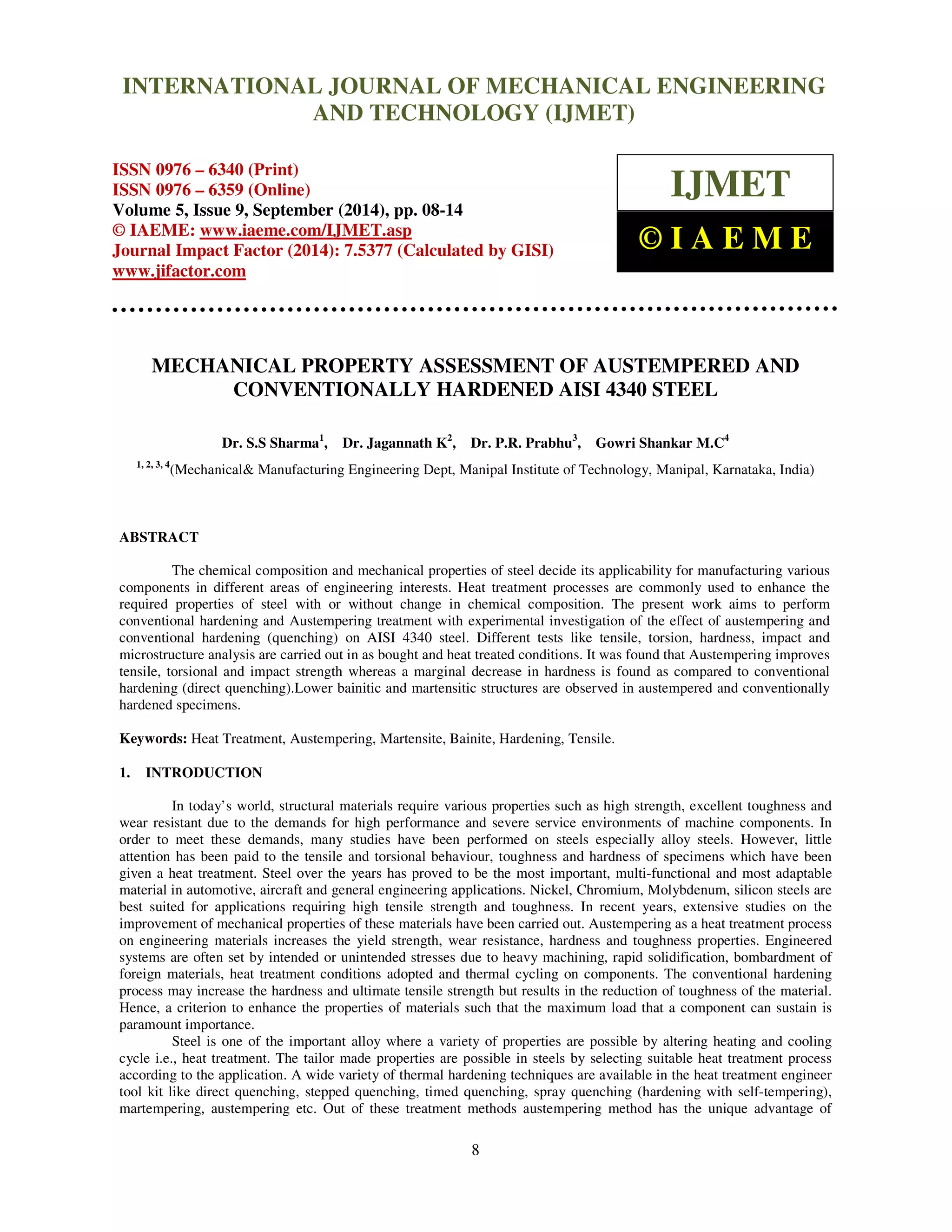 MECHANICAL PROPERTY ASSESSMENT OF AUSTEMPERED AND CONVENTIONALLY HARDENED AISI 4340 STEEL | PDF