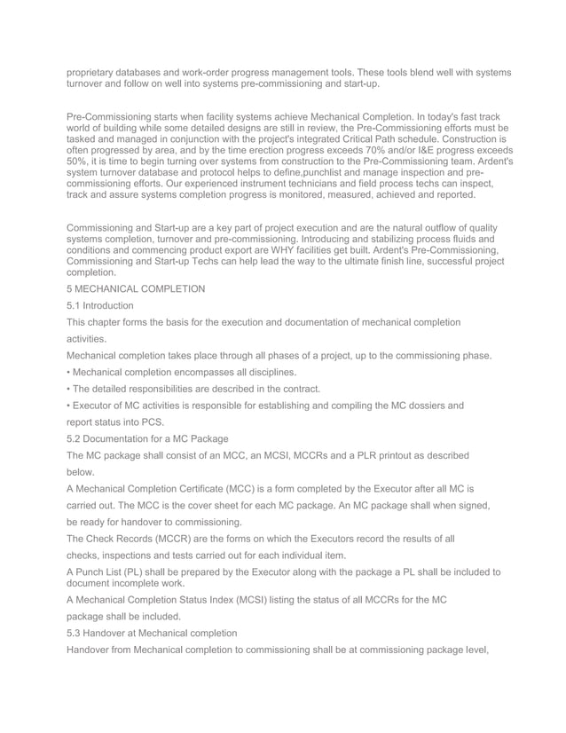 Mechanical completion | DOCX | Business | Business and Finance