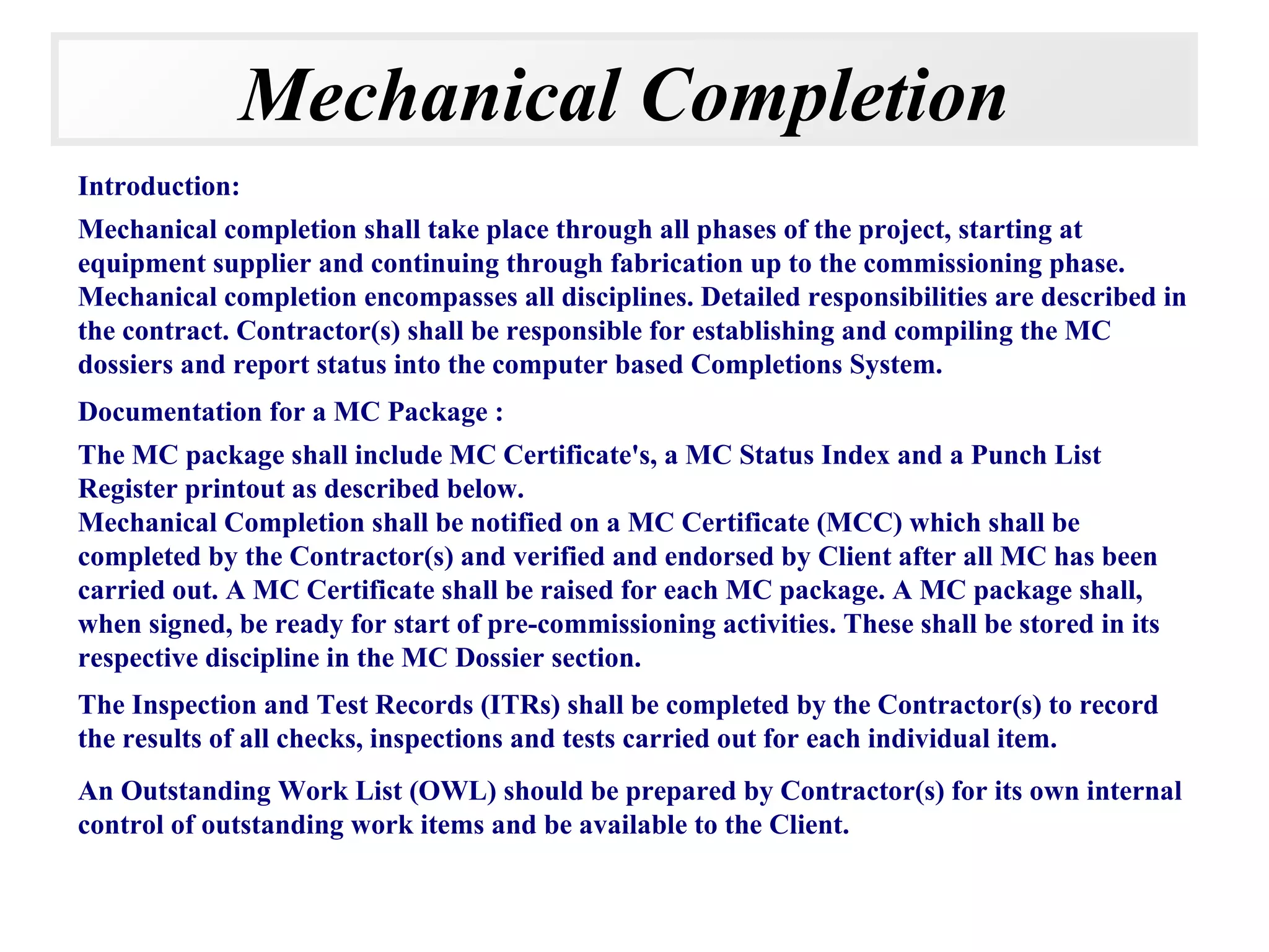 Mechanical Completions | PPS
