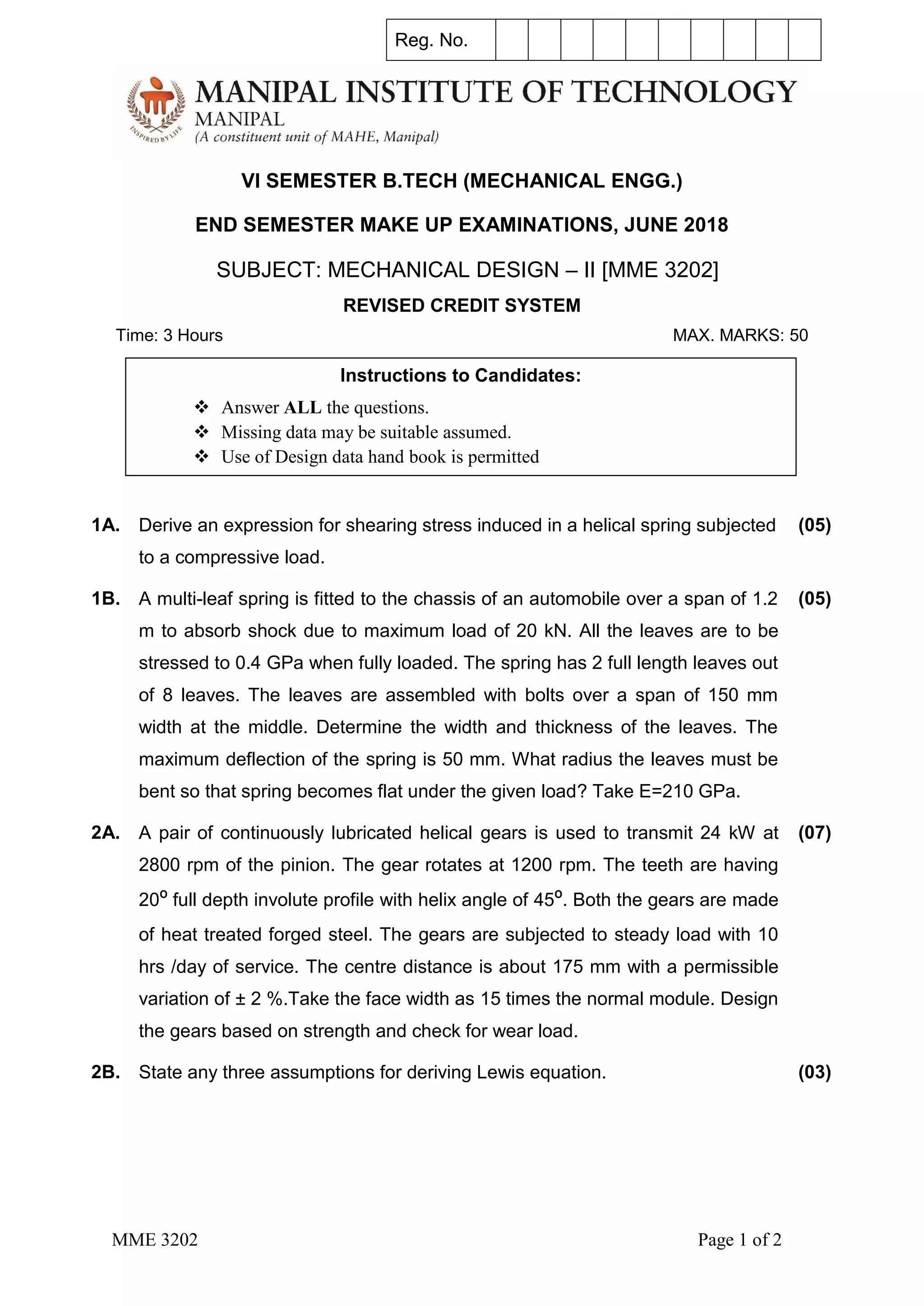 Mechanical design ii (mme 3202) rcs (makeup) | PDF