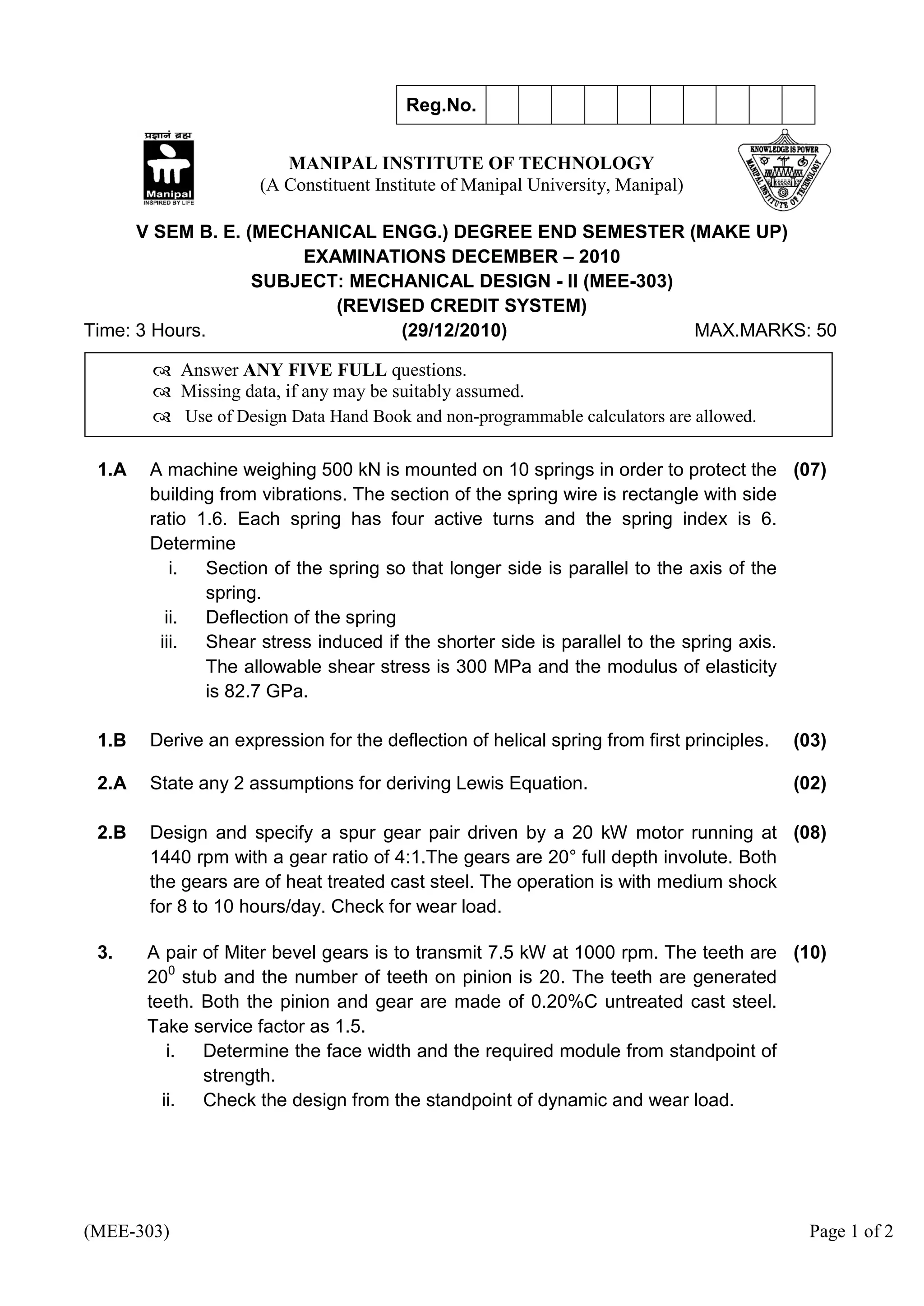 Mechanical design – ii (mee 303) rcs (makeup) | PDF