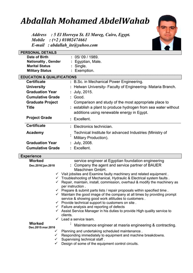 Mechanical engineer abdallah mohamed. | PDF | Business | Business and Finance