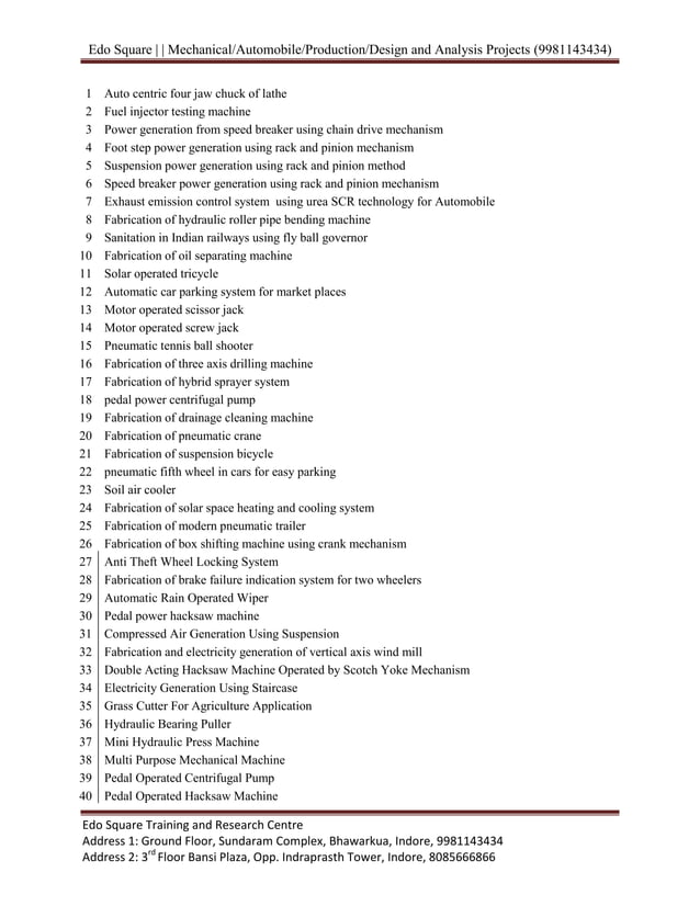 Mechanical Minor Major Project list | PDF