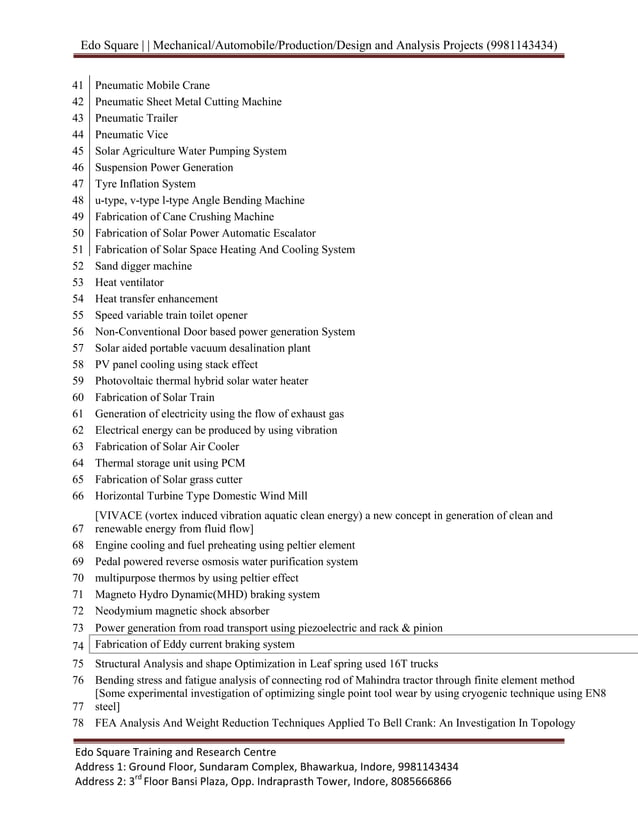 Mechanical Minor Major Project list | PDF