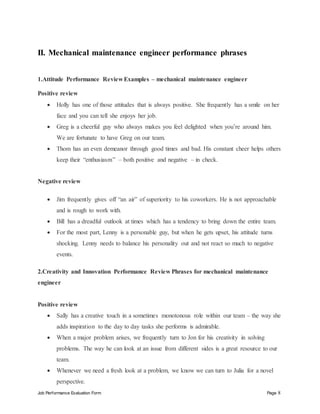Mechanical maintenance engineer perfomance appraisal 2 | DOCX