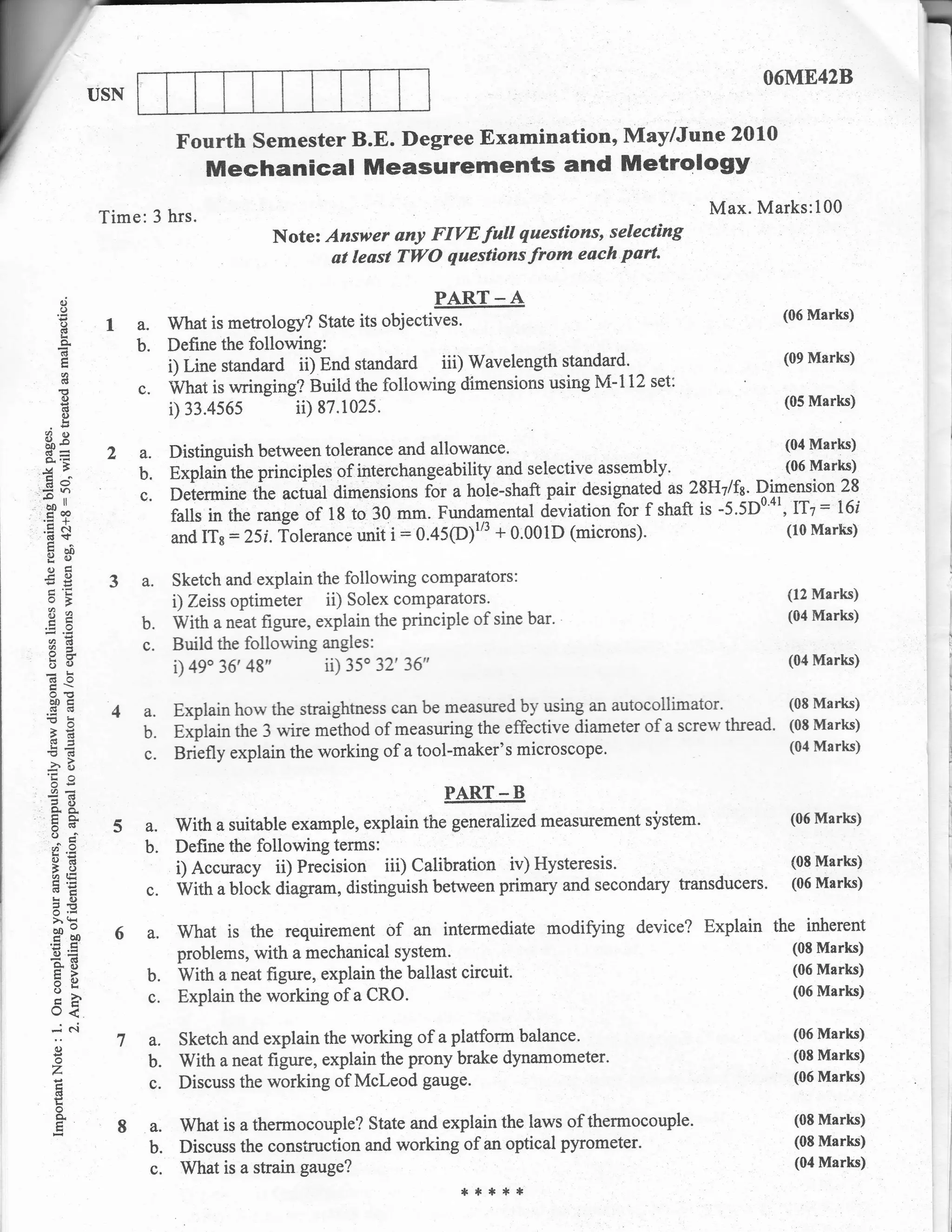 Mechanical measurements and metrology Question Papers | PDF