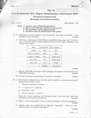 Mechanical measurements and metrology Question Papers | PDF
