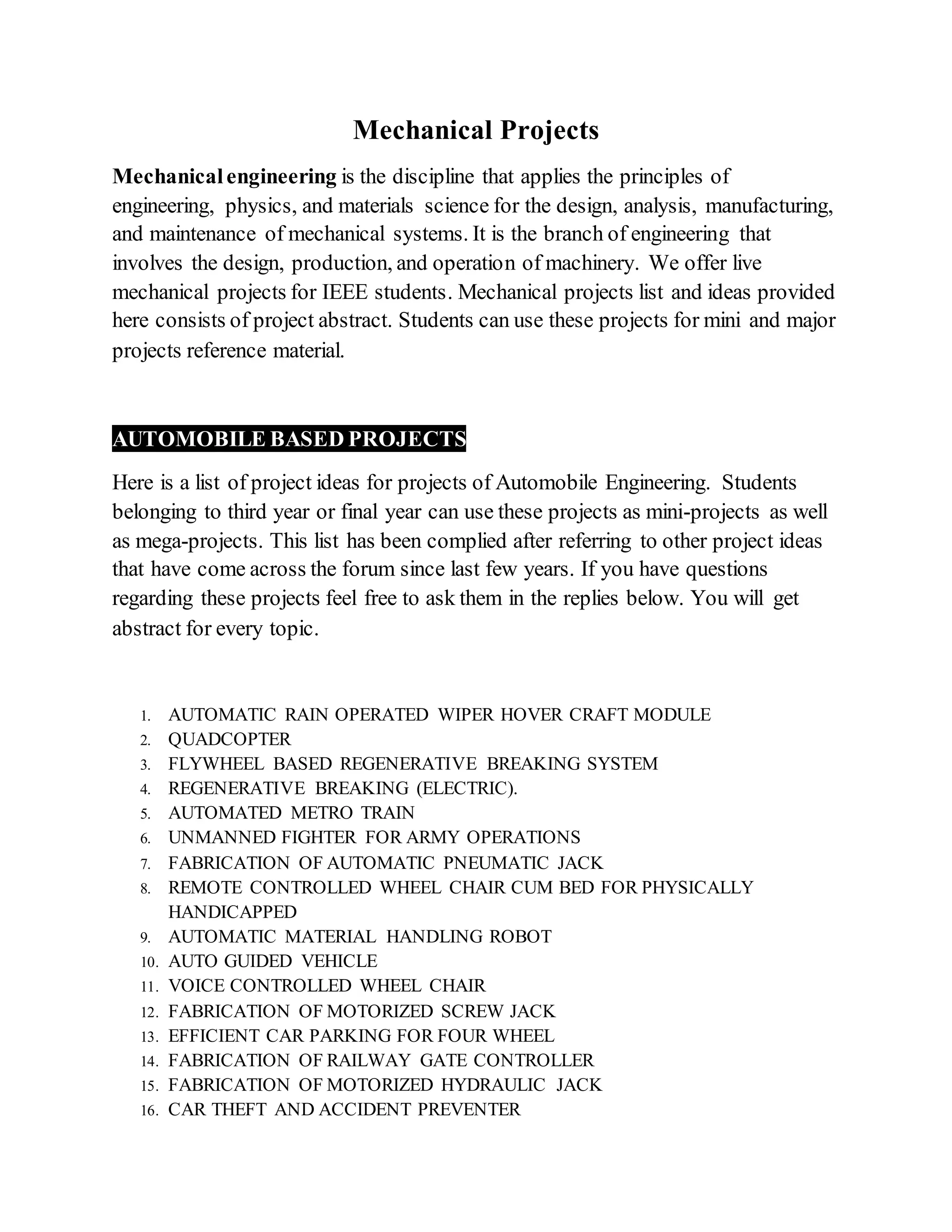 Mechanical projects | DOCX