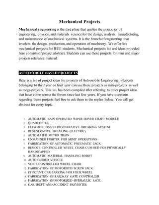Mechanical Engineering Projects For Final Year Students Pdf