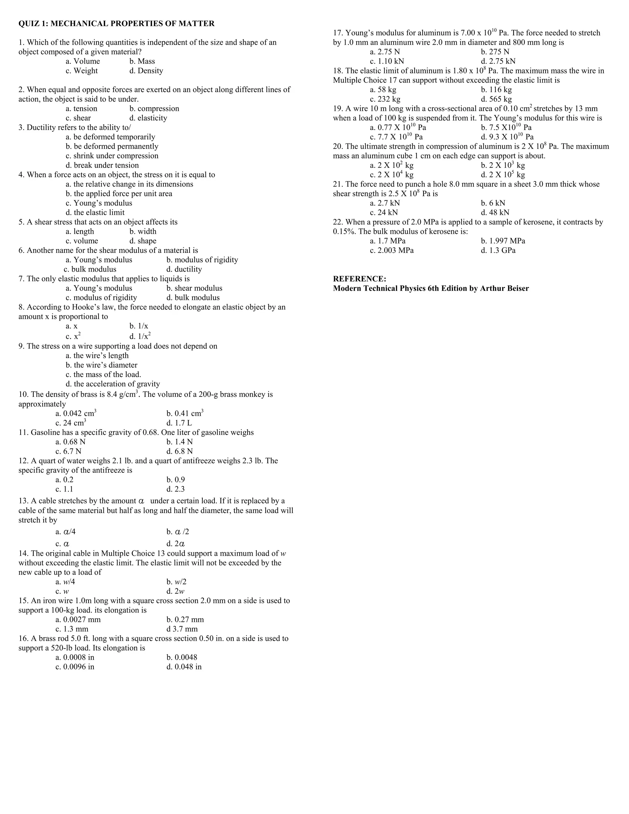 Mechanical properties of matter Q1 | PDF