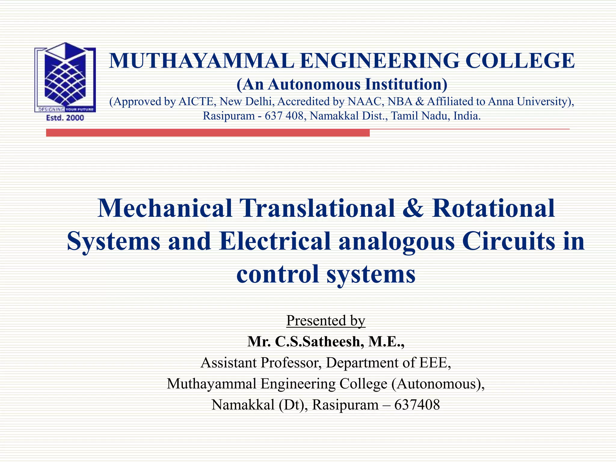 Mechanical translational rotational systems and electrical analogous ...