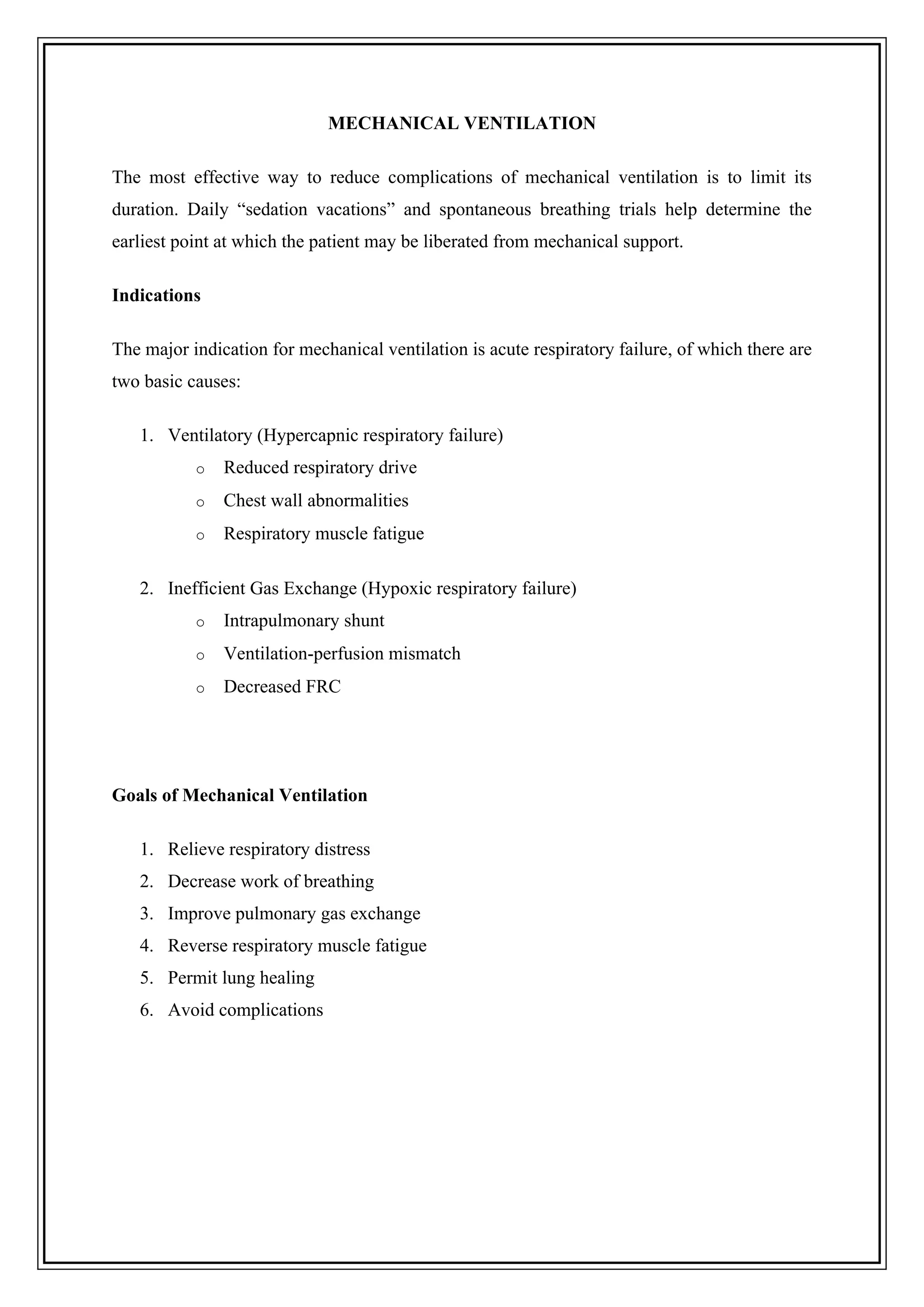 MECHANICAL VENTILATION,indications procedures | DOCX