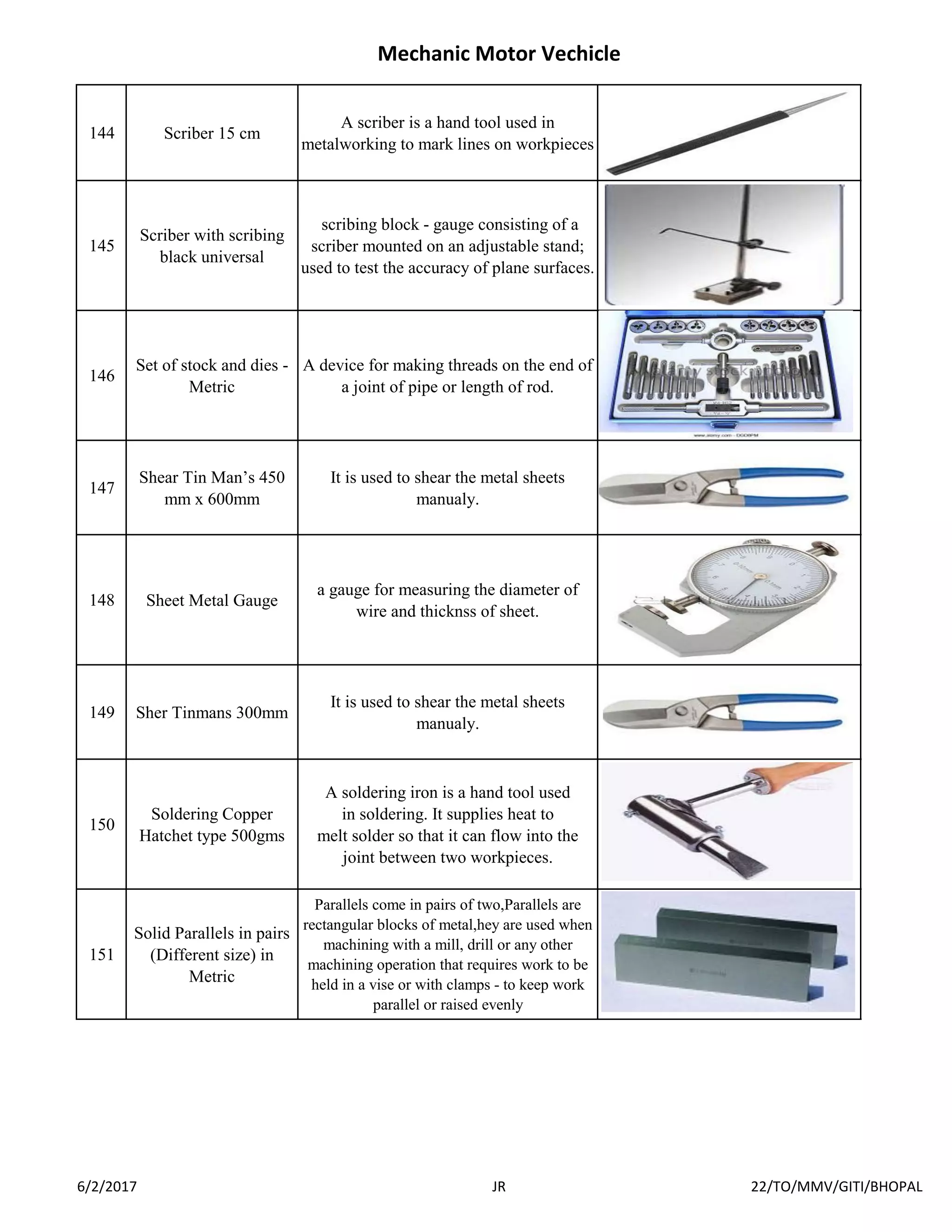 Mechanic motor vehicle tool list with picture and uses | PDF