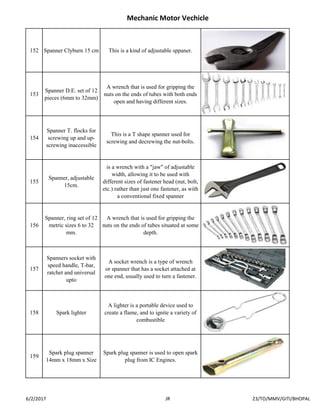 Mechanic motor vehicle tool list with picture and uses | PDF