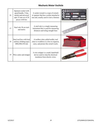 Mechanic motor vehicle tool list with picture and uses | PDF