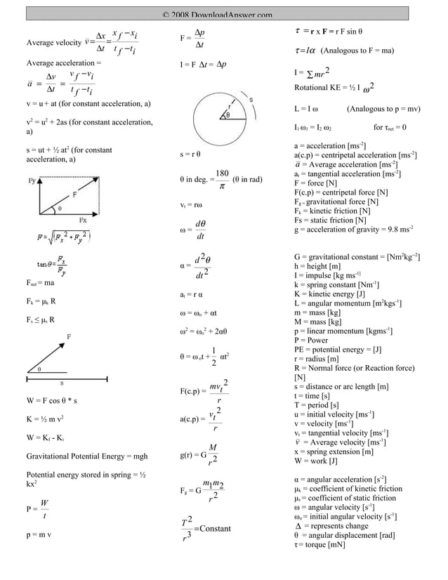 Mechanics formula sheet | DOC