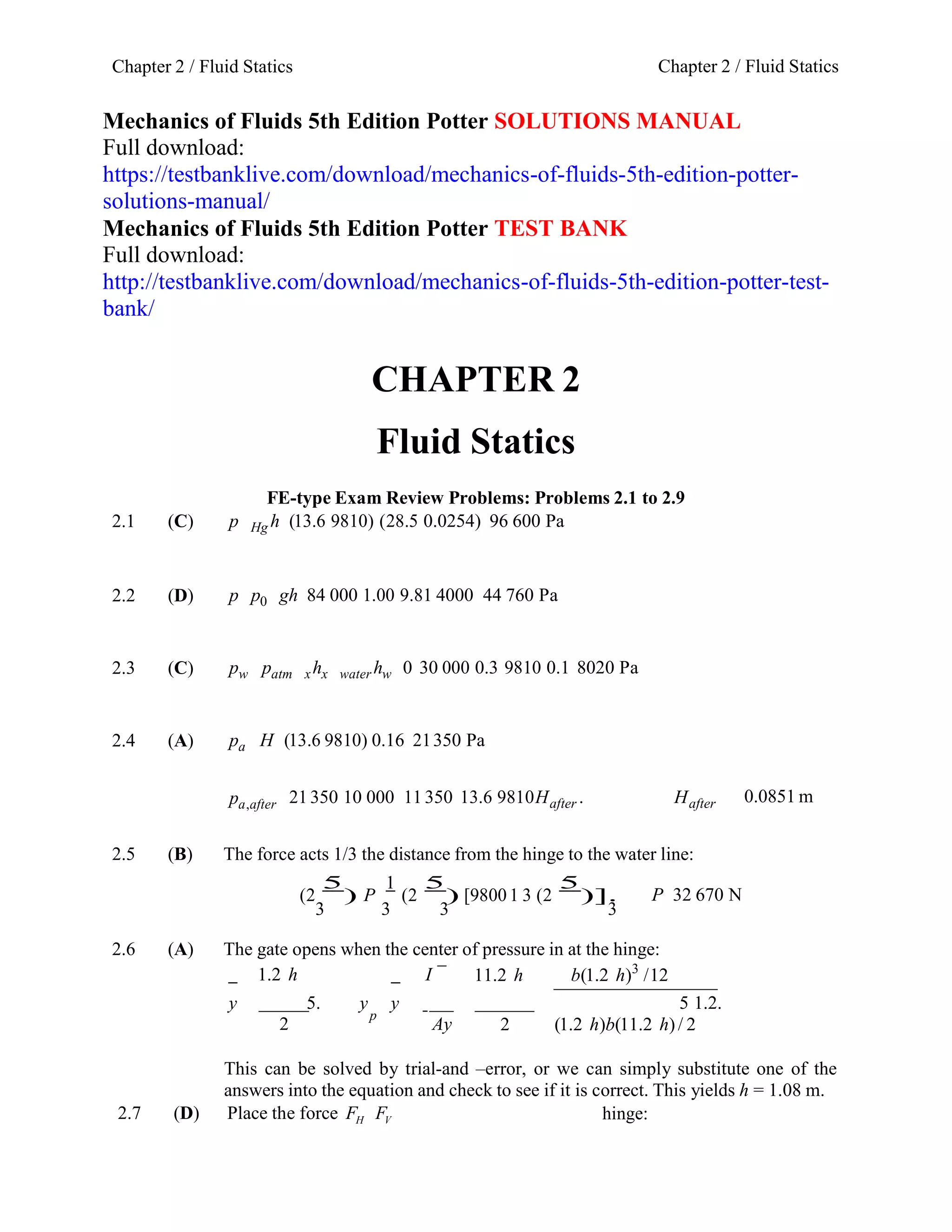 Mechanics of fluids 5th edition potter solutions manual | PDF