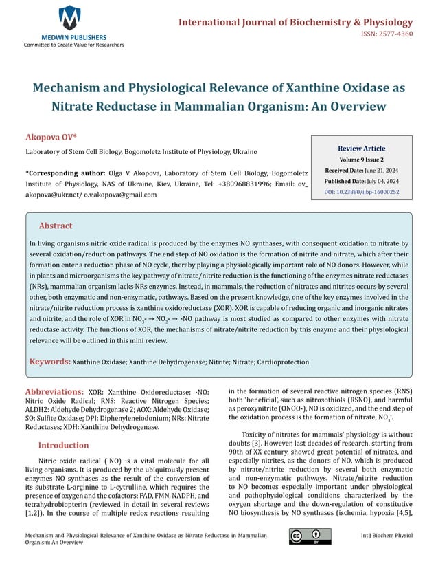 Mechanism and Physiological Relevance of Xanthine Oxidase as Nitrate ...