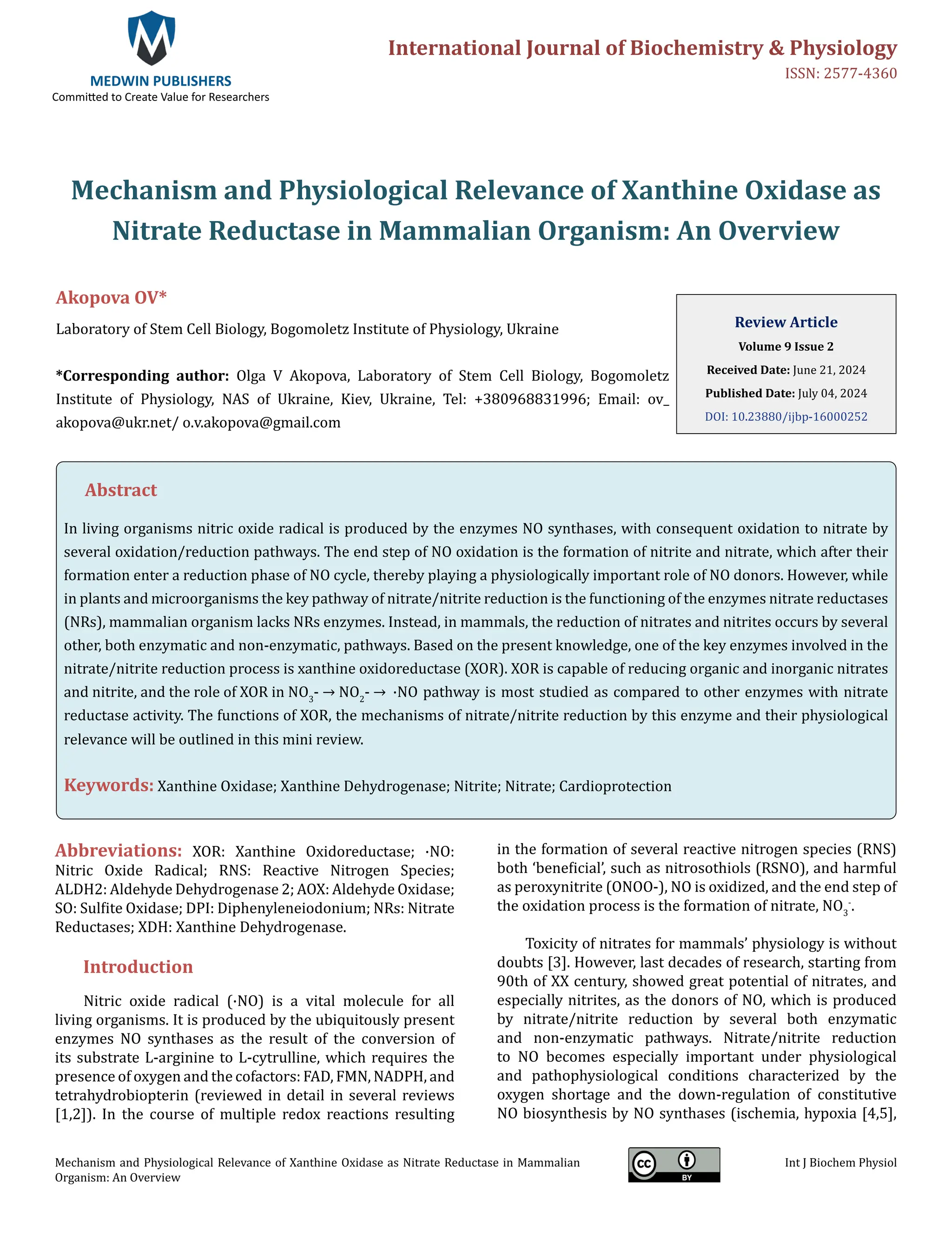 Mechanism and Physiological Relevance of Xanthine Oxidase as Nitrate ...
