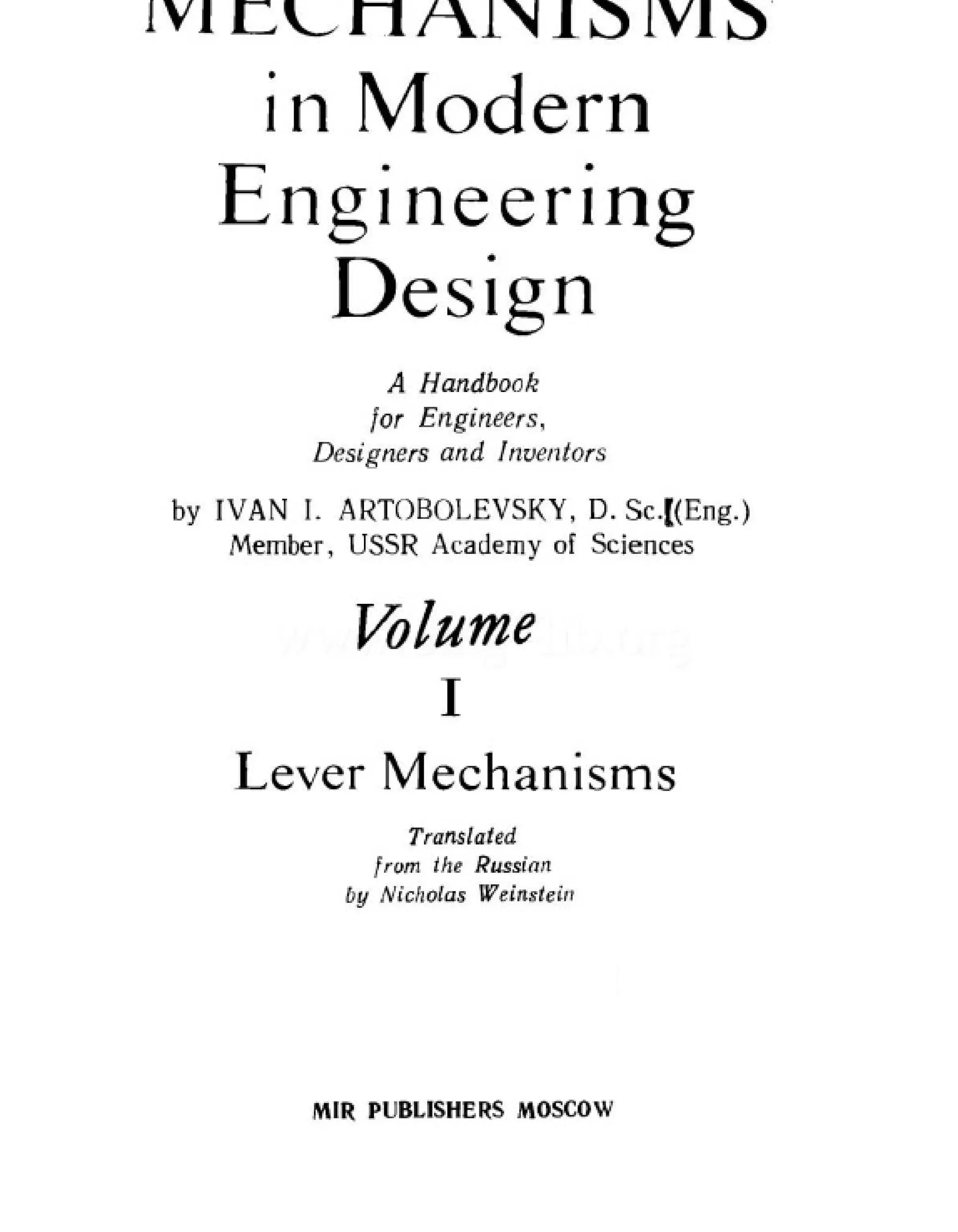 Mechanisms in Modern Engineering Design, Volume 1 Lever Mechanisms ...