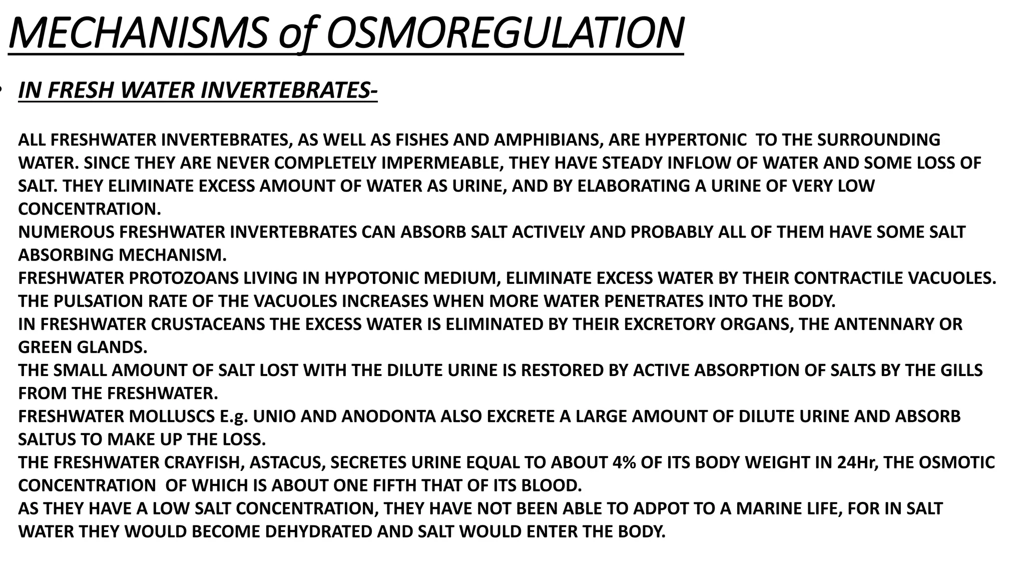 Mechanisms of osmoregulation in fresh water and marine water ...