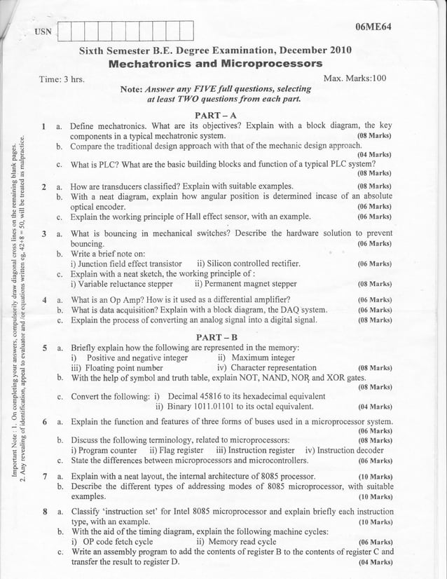 Mechatronics and microprocessor Question papers | PDF | Computing ...