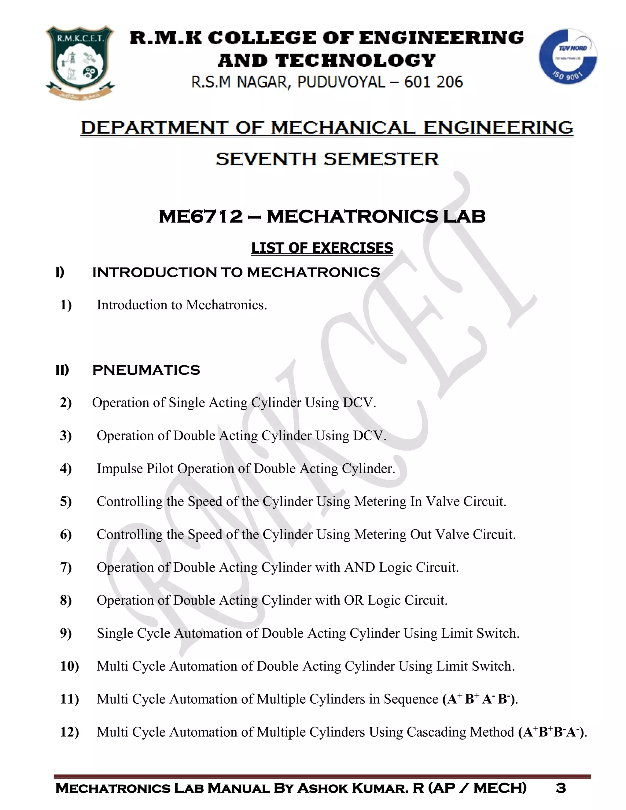 Mechatronics students manual 2013 reg updated | PDF
