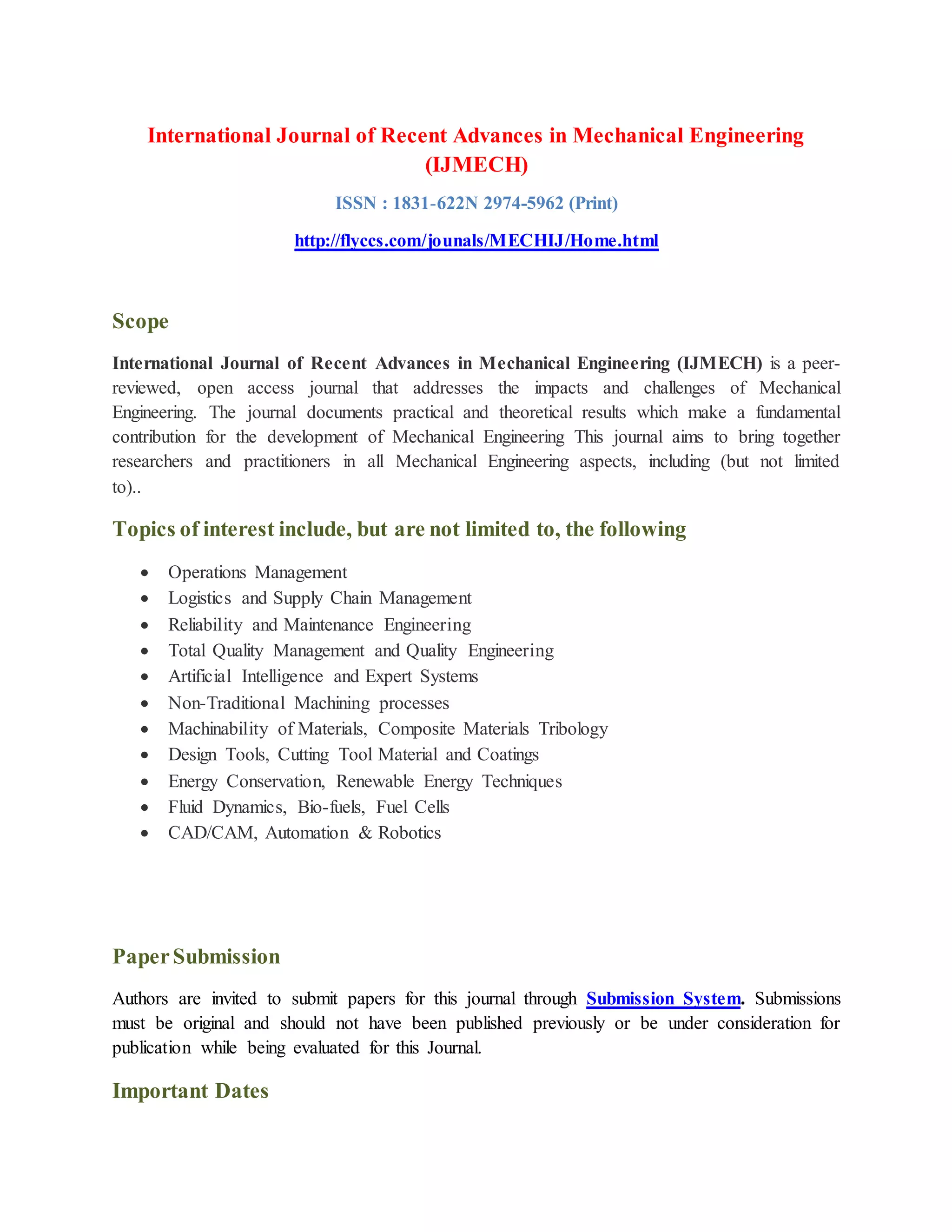 International Journal of Recent Advances in Mechanical Engineering ...