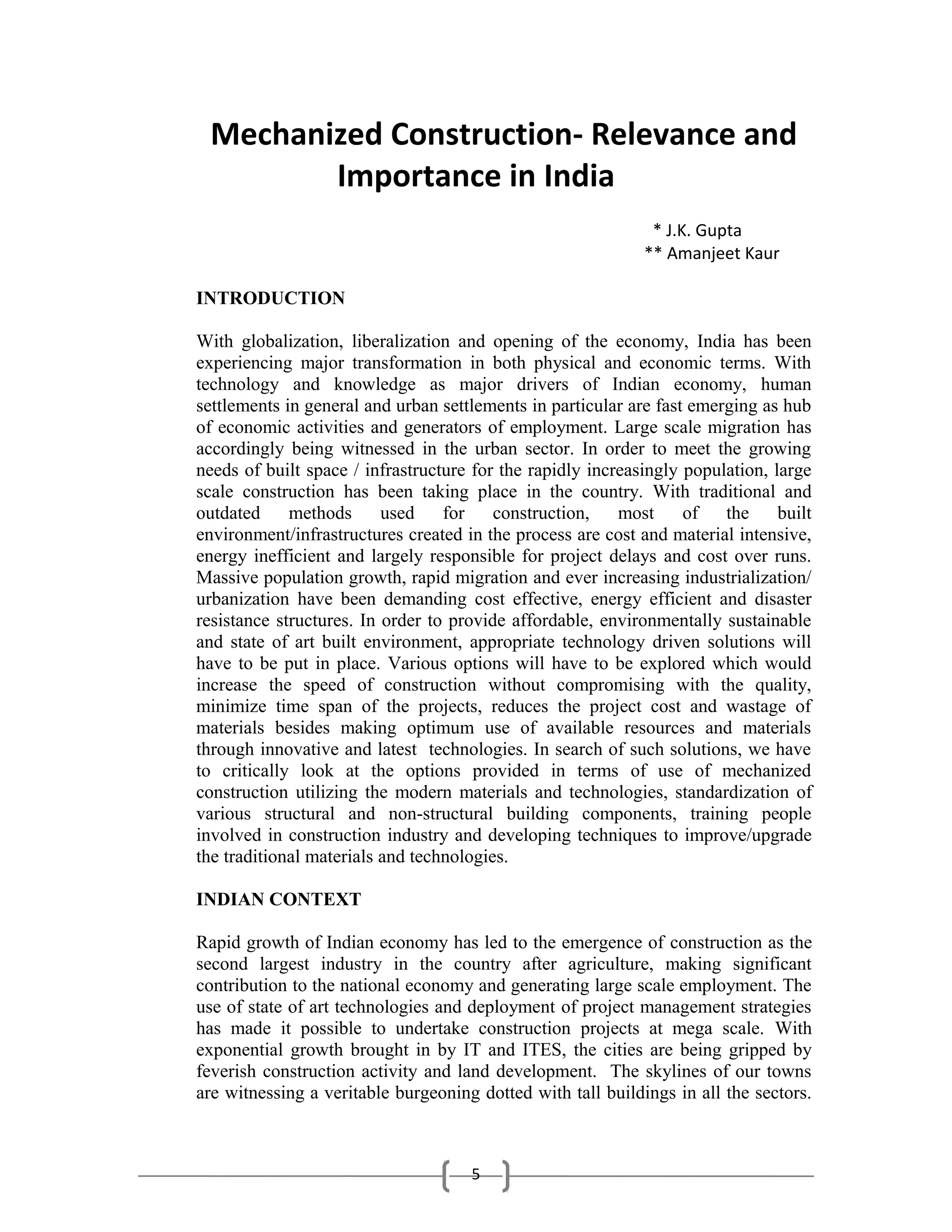 Mechanized Construction- Relevance and Importance in India | DOC