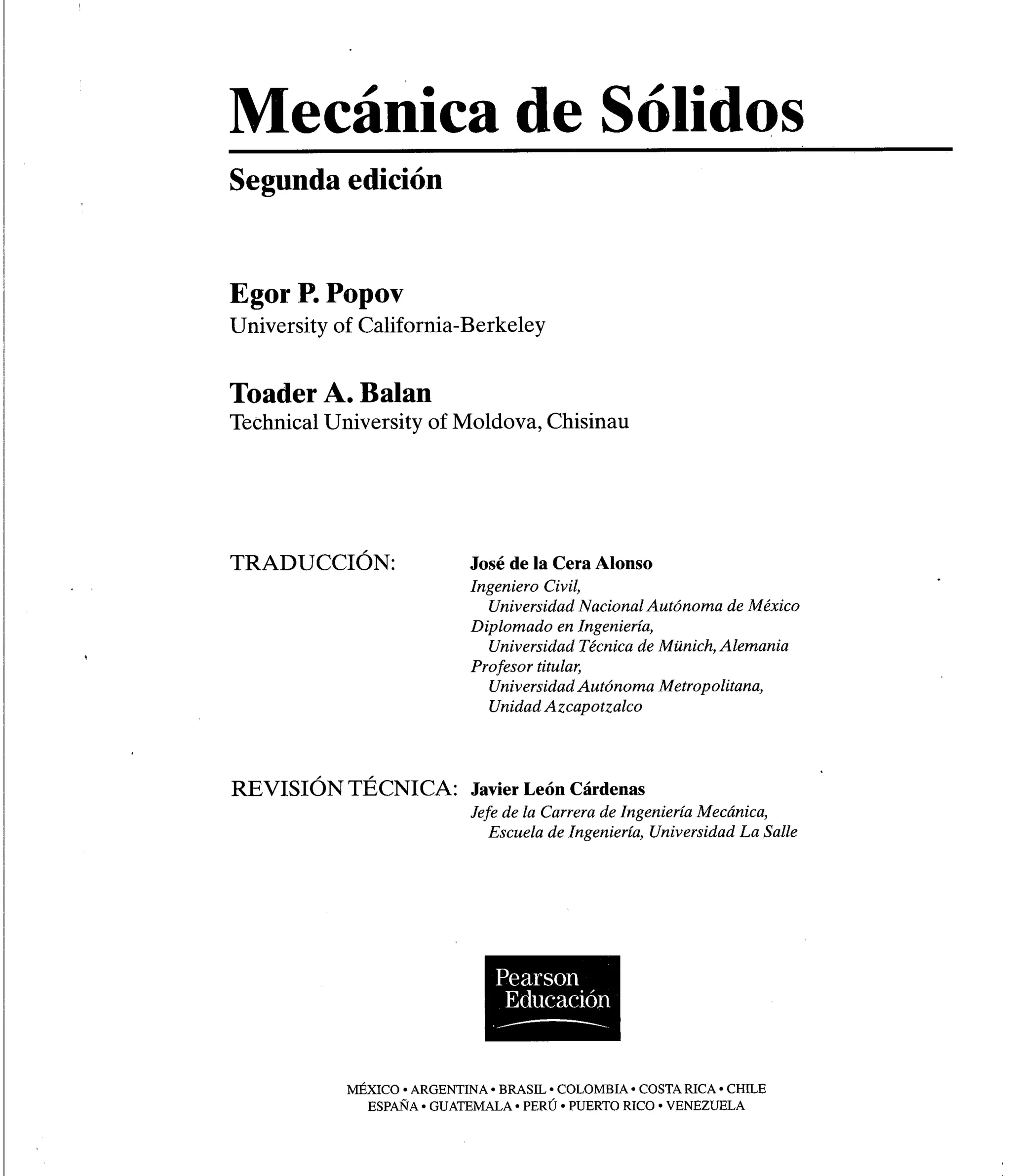 Mecánica de sólidos egor popov - 2 ed - español | PDF