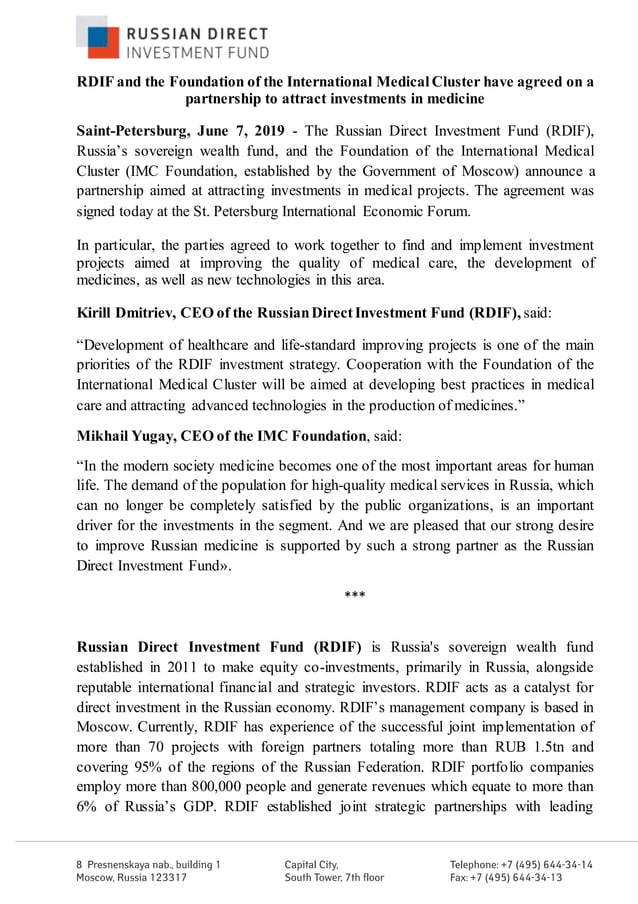 RDIF and the Foundation of the International Medical Cluster have ...