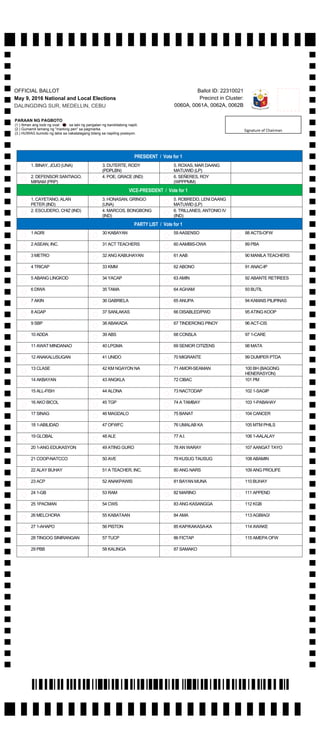 Medellin, Cebu Partial Ballot Face Template 2016 | PDF
