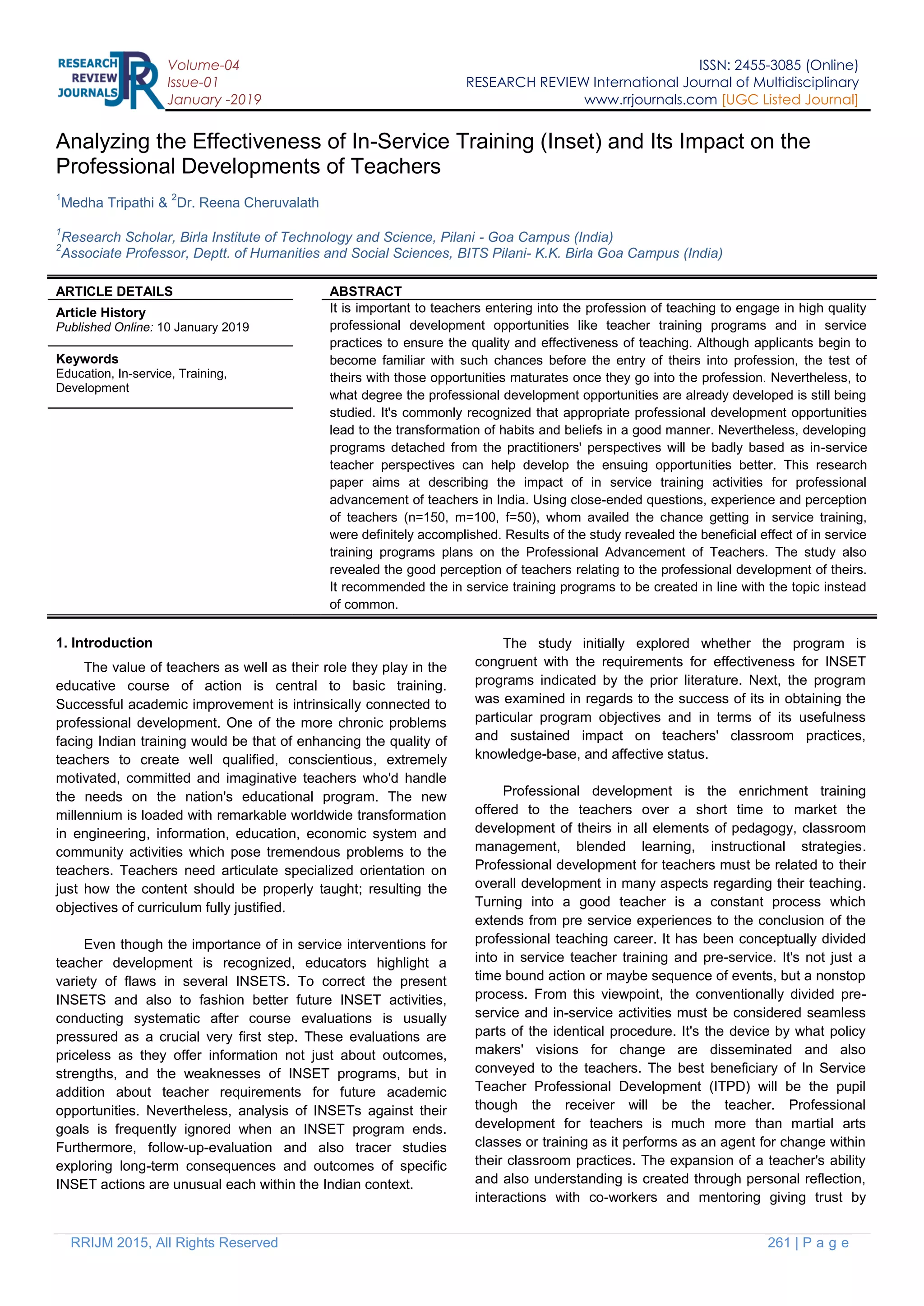 Analyzing the Effectiveness of In-Service Training (Inset) and Its Impact on the Professional ...