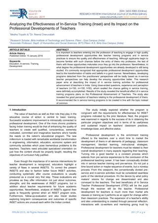 Analyzing the Effectiveness of In-Service Training (Inset) and Its Impact on the Professional ...