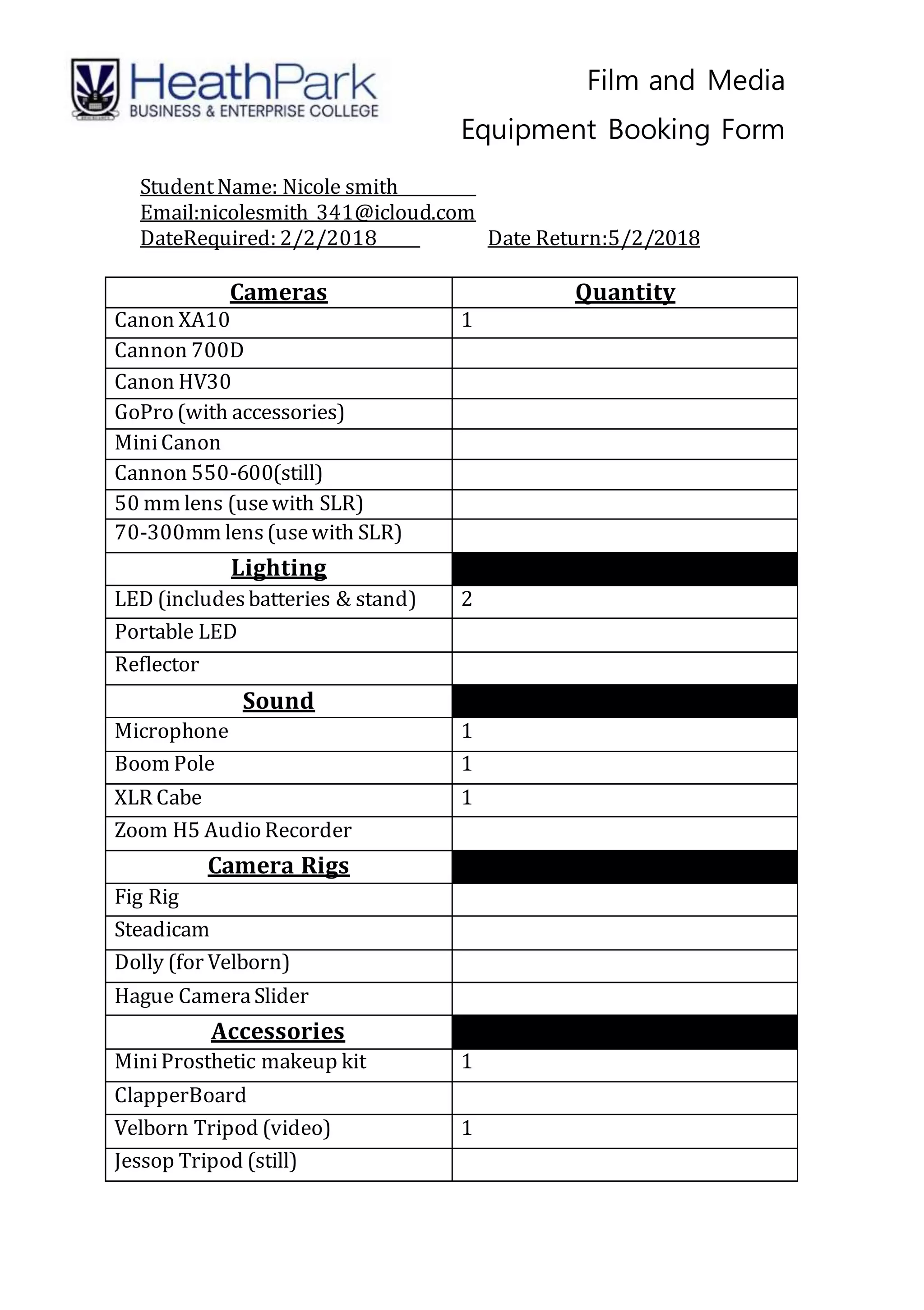 Media equipment-booking-form | DOCX | Cameras and Camcorders | Consumer ...