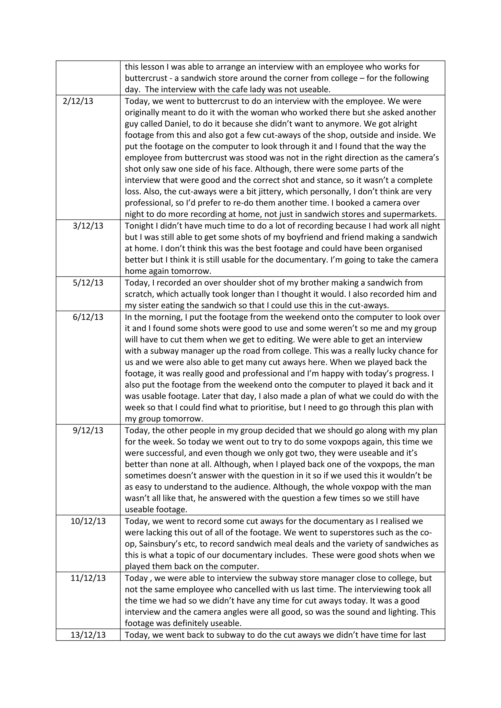 Filming Diary | DOCX