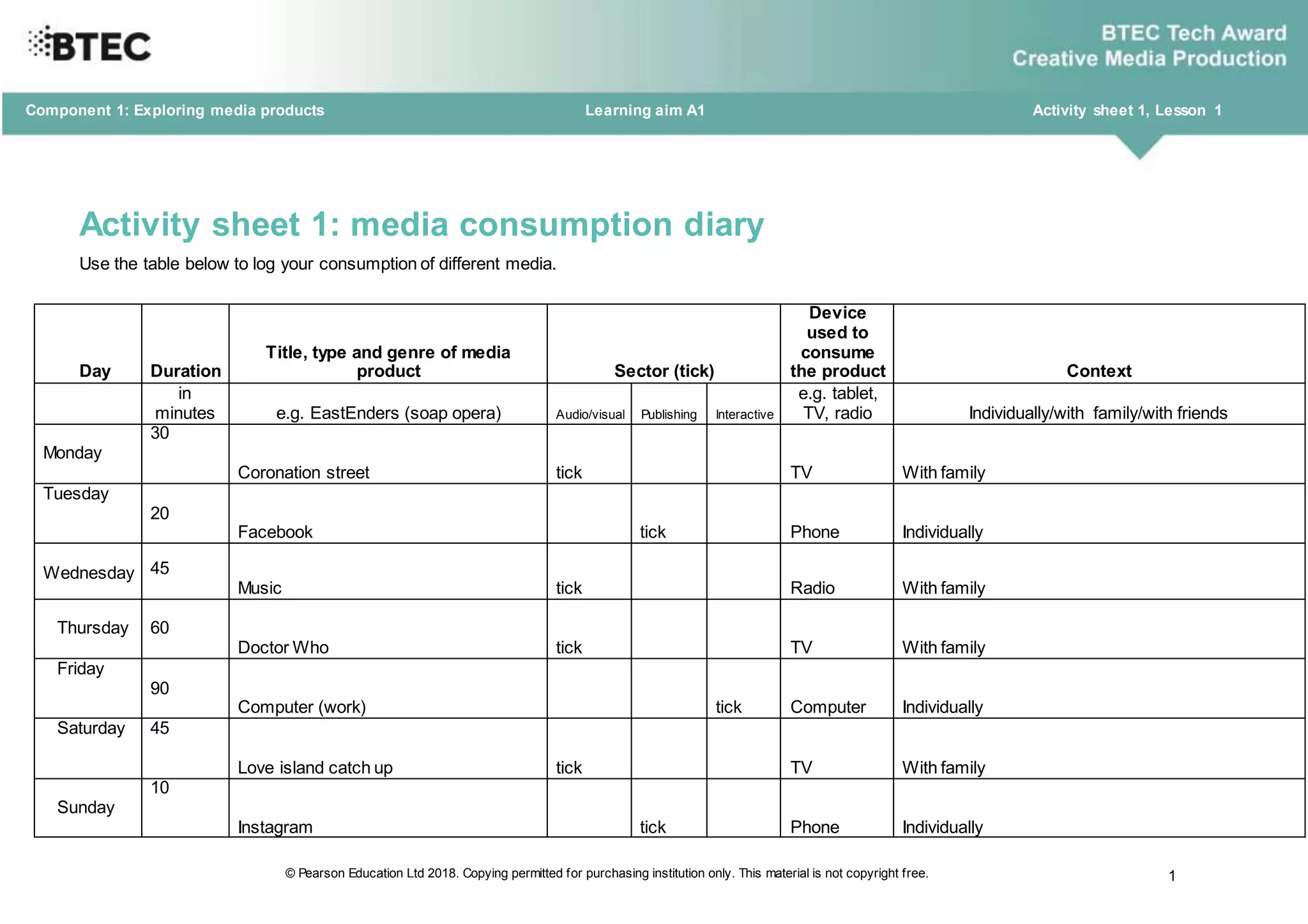 Media diary worksheet(parent) | DOCX