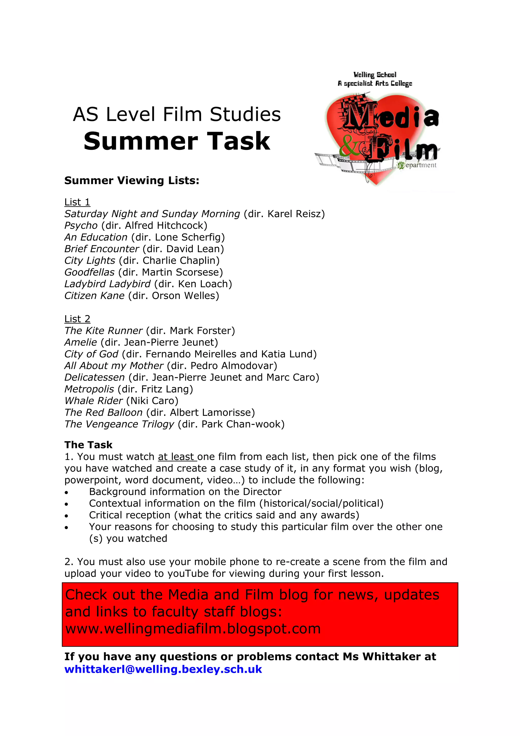 Media film summer tasks and equipment list2012 | PDF