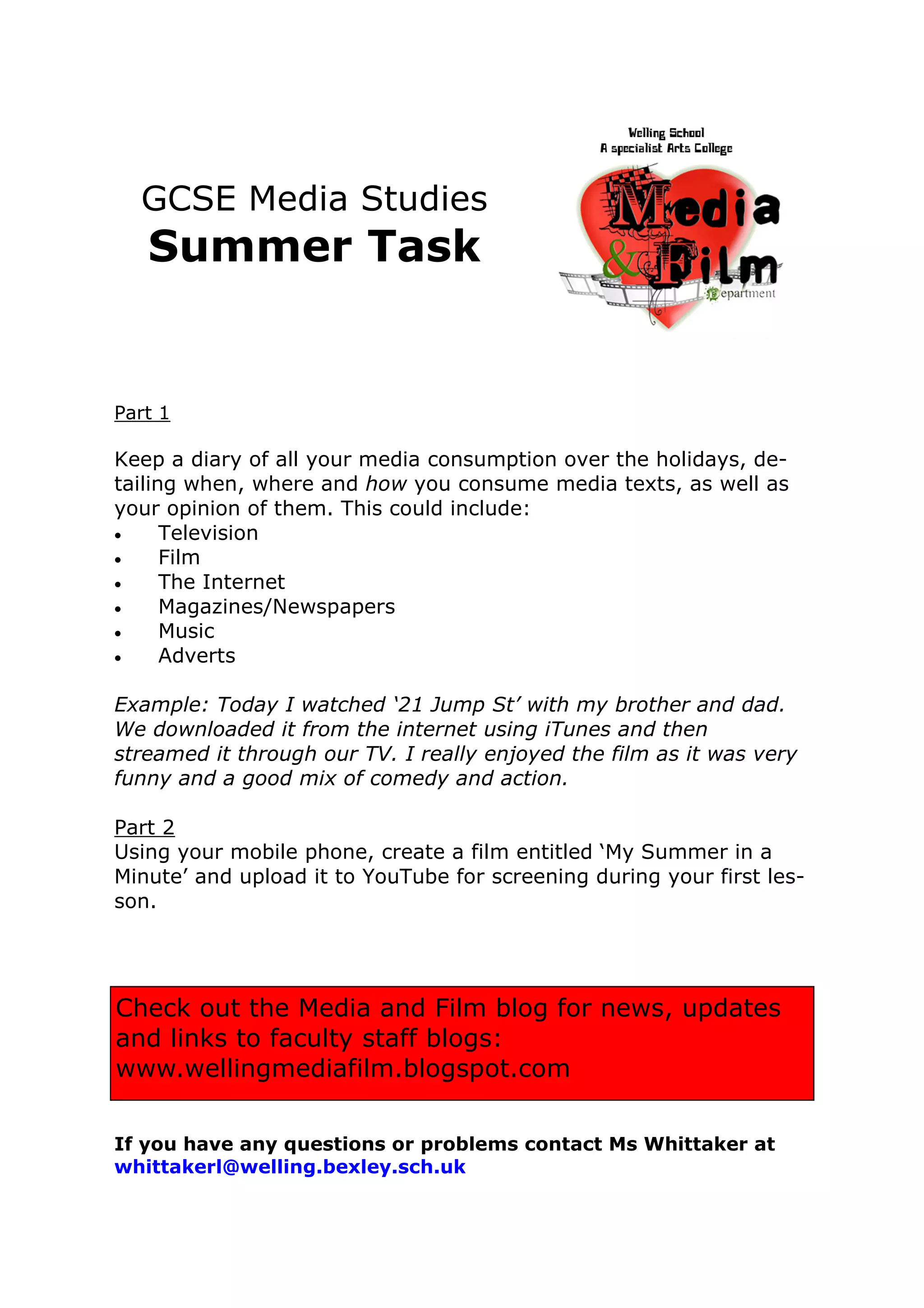Media film summer tasks and equipment list2012 | PDF