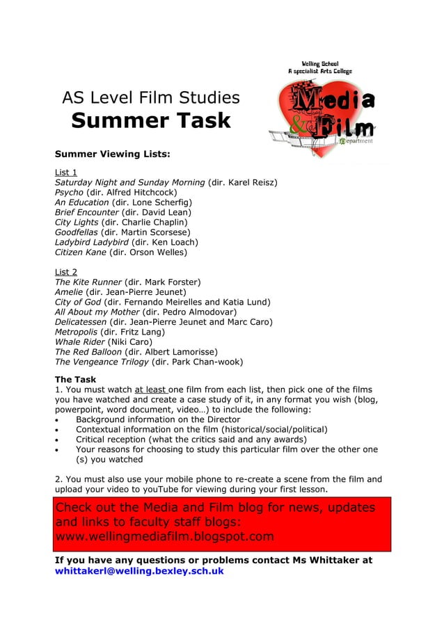 Media film summer tasks and equipment list2012 | PDF